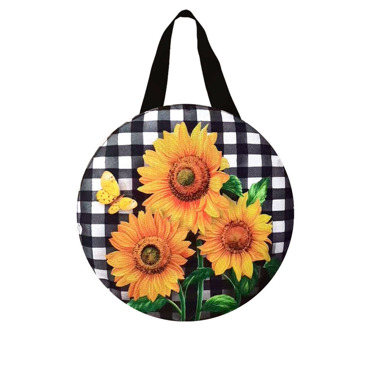 Checkered Sunflowers Summer Burlap Door Hanger Floral Embroidered 13" x ...