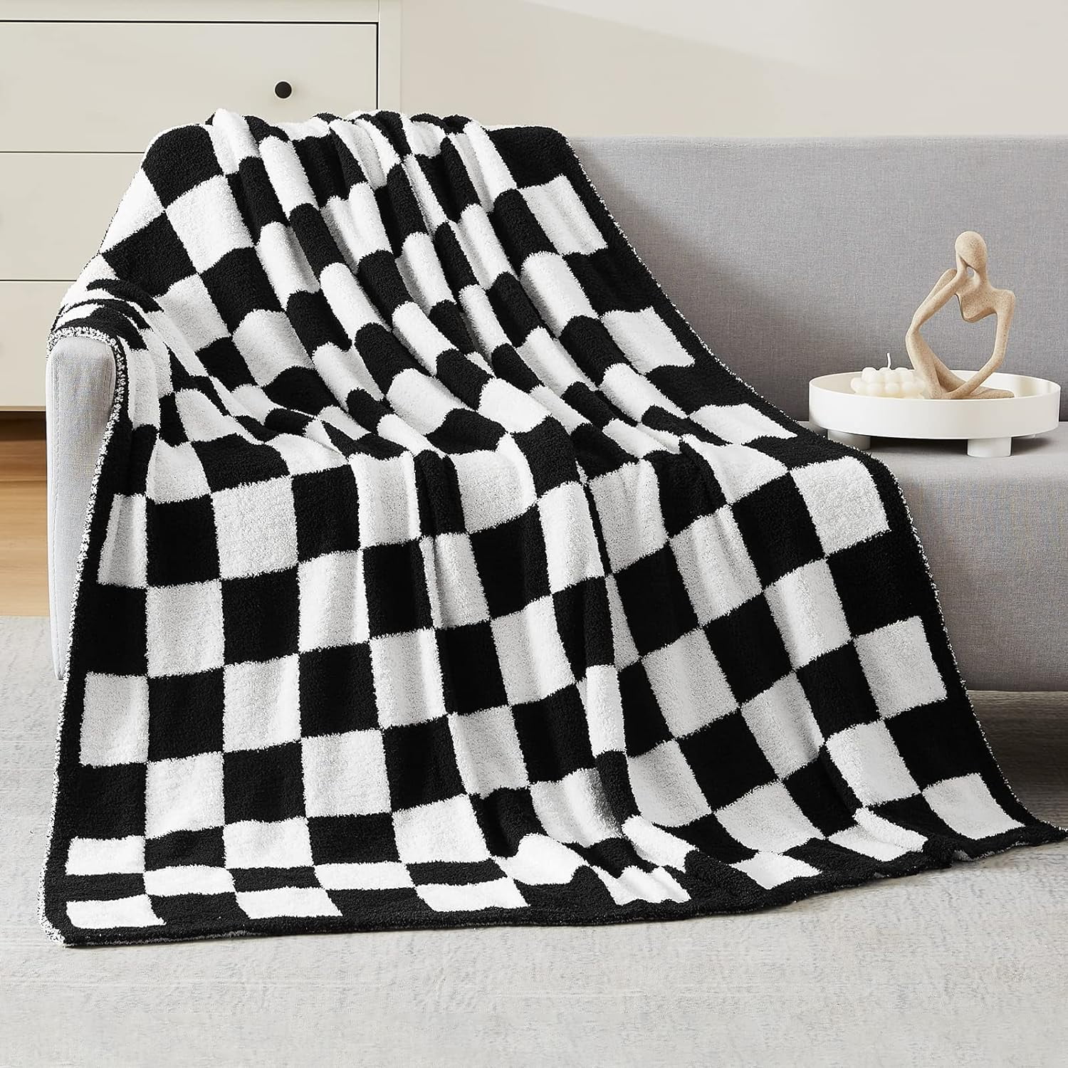 Checkered Throw Blanket, Black and White Soft Cozy Fluffy Warm Hand ...