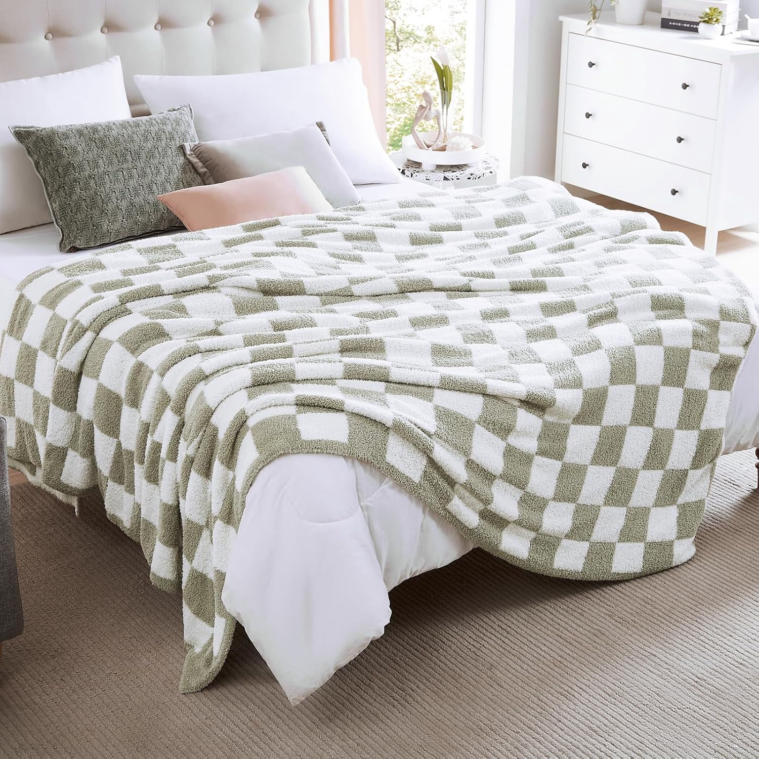 Checkered Throw Blanket, Sage Green Microfiber Soft Cozy Fluffy Warm ...