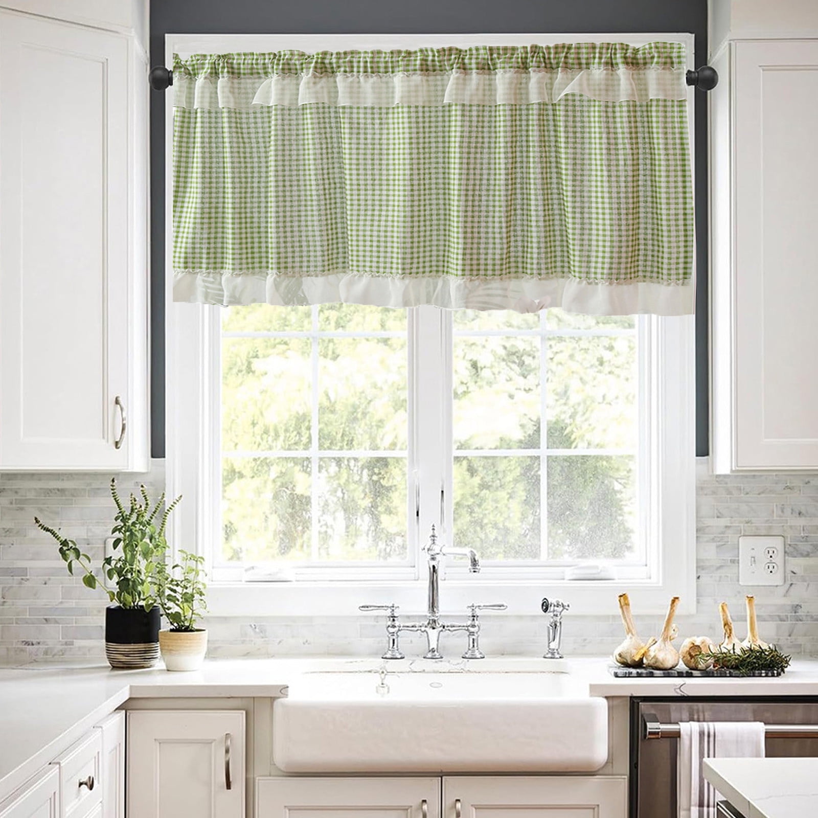 Checkered Valance Curtain Panel, Cottage Style Window Treatment, Light ...