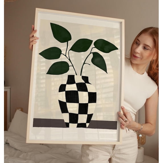 Checkered Vase Illustration Modern Botanical Wall Art Print Indoor ...