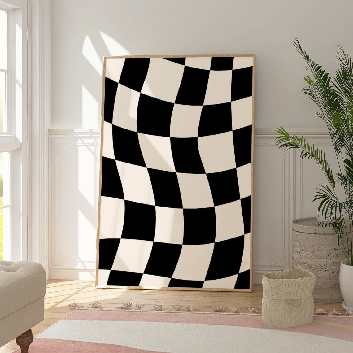 Checkered Wall Art, Beige Checker Art Print, Beige Black Wall Art ...
