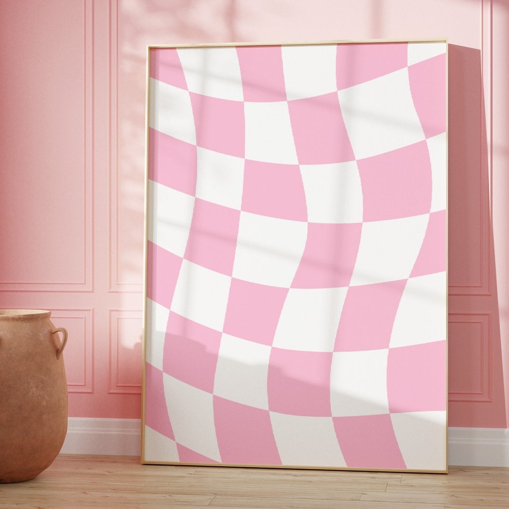 Checkered Wall Art Pink Checker Art Print Blush Pink Wall Art Retro ...