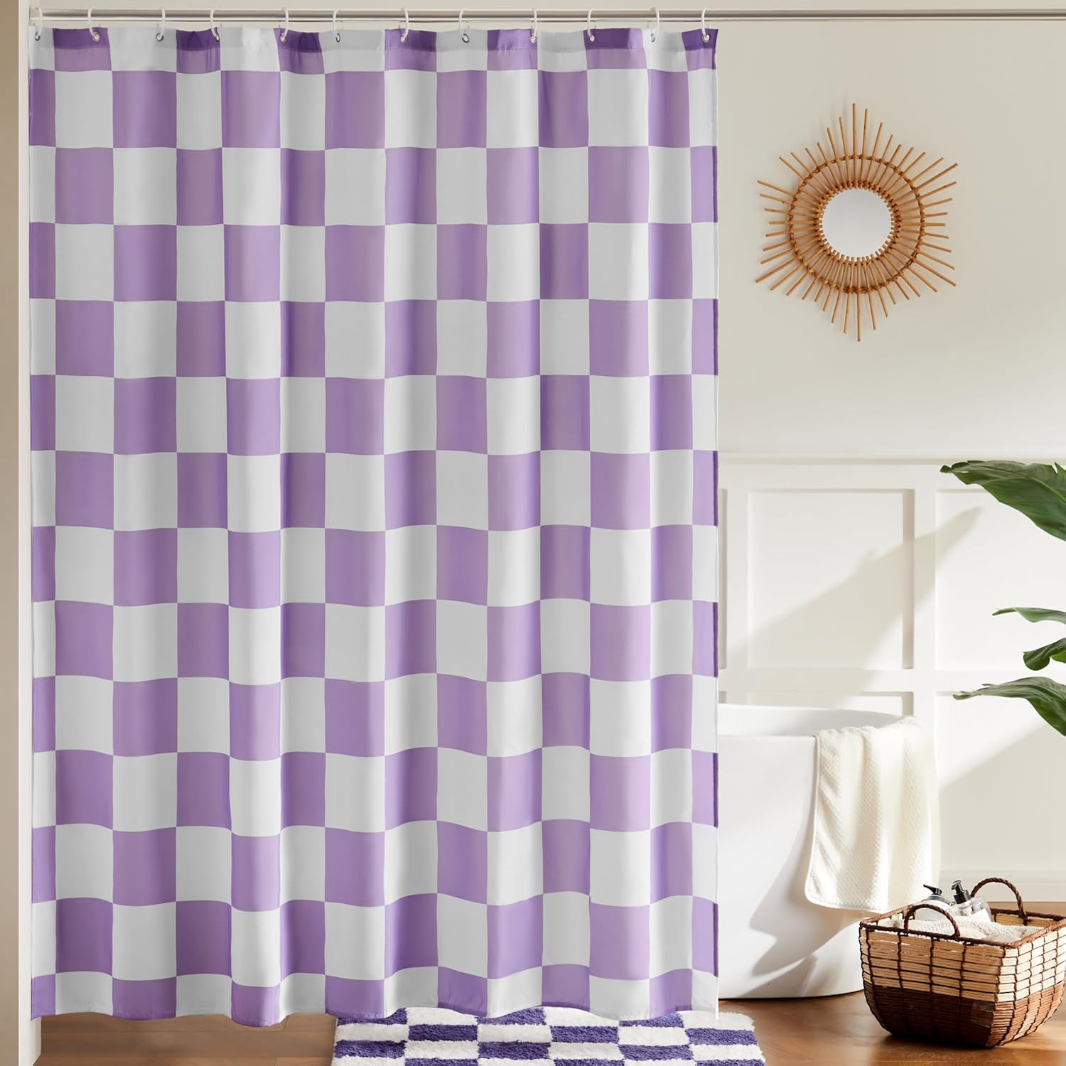 Checkered Waterproof Lavender Purple Shower Curtains for Bathroom, Cute ...