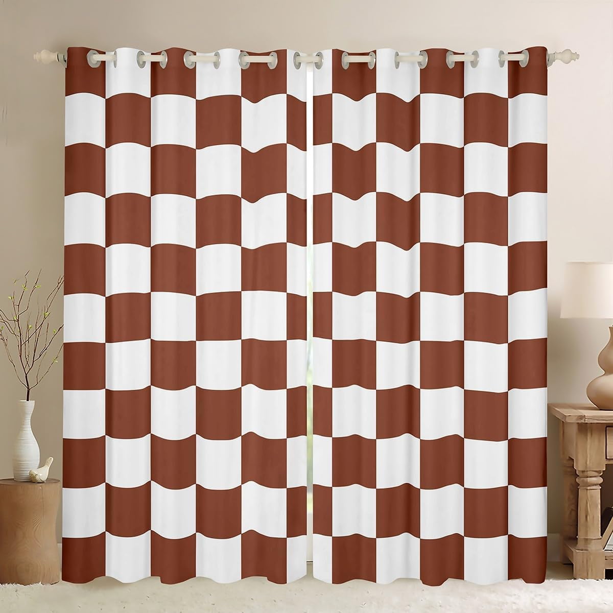 Checkered Window Curtains for Bedroom Teen Coffee Brown White Plaid ...