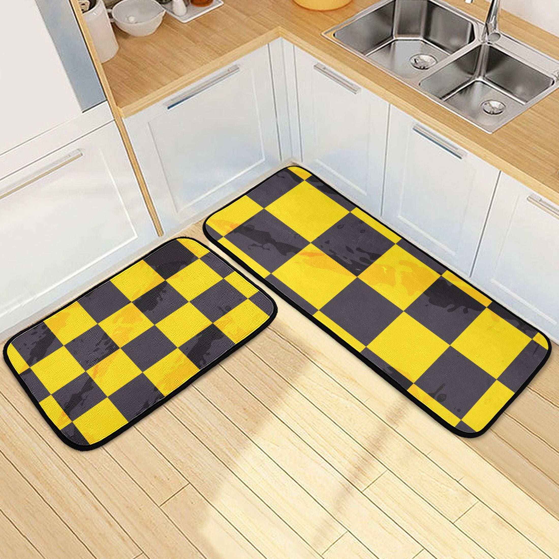 Checkered with Yellow and Black Kitchen Mats Set 2 Piece Non Slip Floor ...