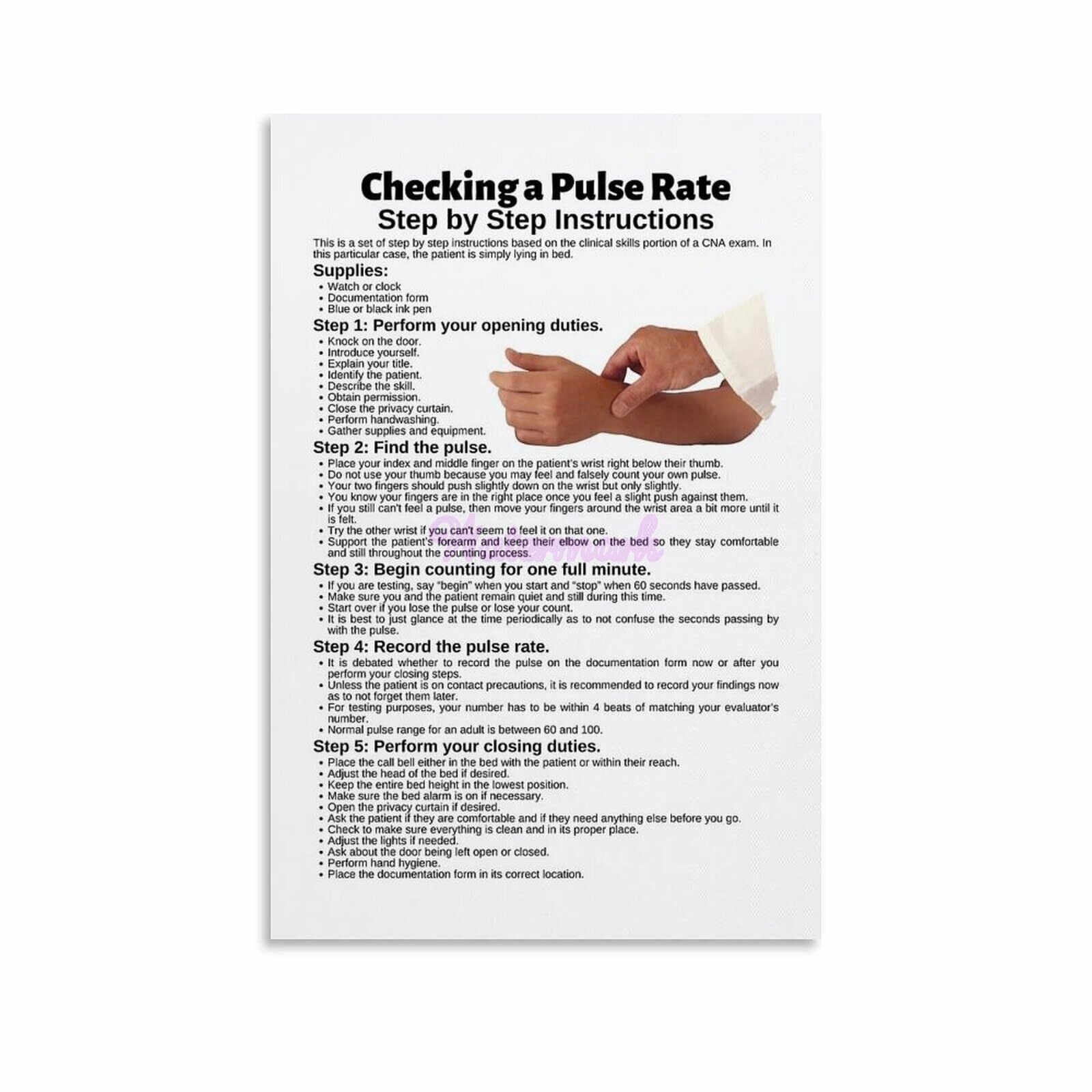 Checking A Pulse Rate Step by Step Instructions Poster Canvas Painting ...