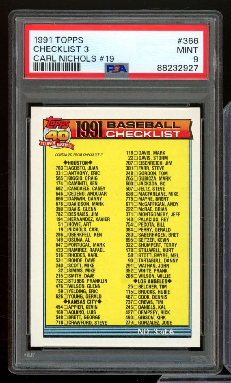 Checklist Card 1991 Topps #366 PSA 9 - Walmart.com