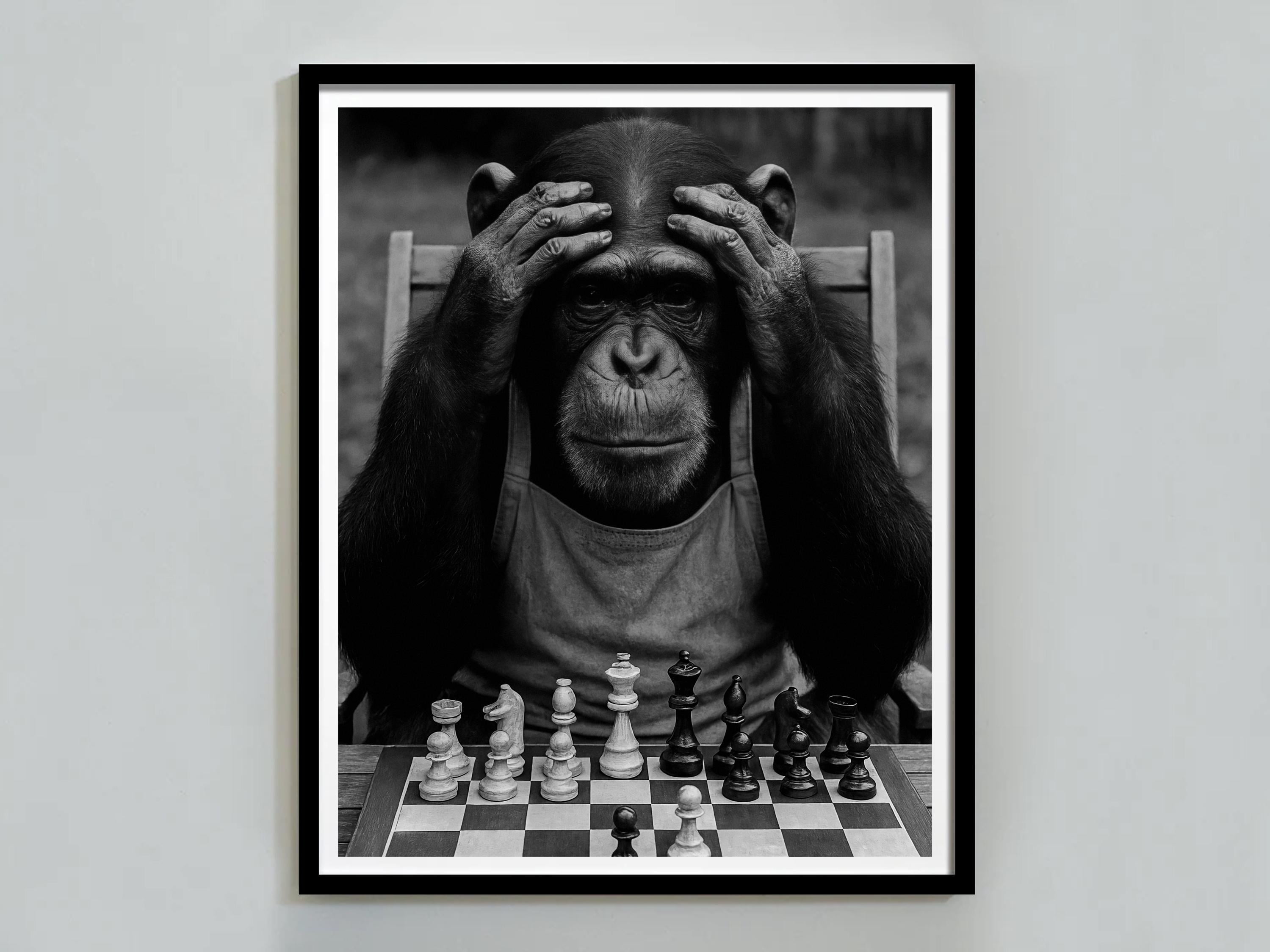 Checkmate Print Monkey Playing Chess Poster Black And White Vintage ...