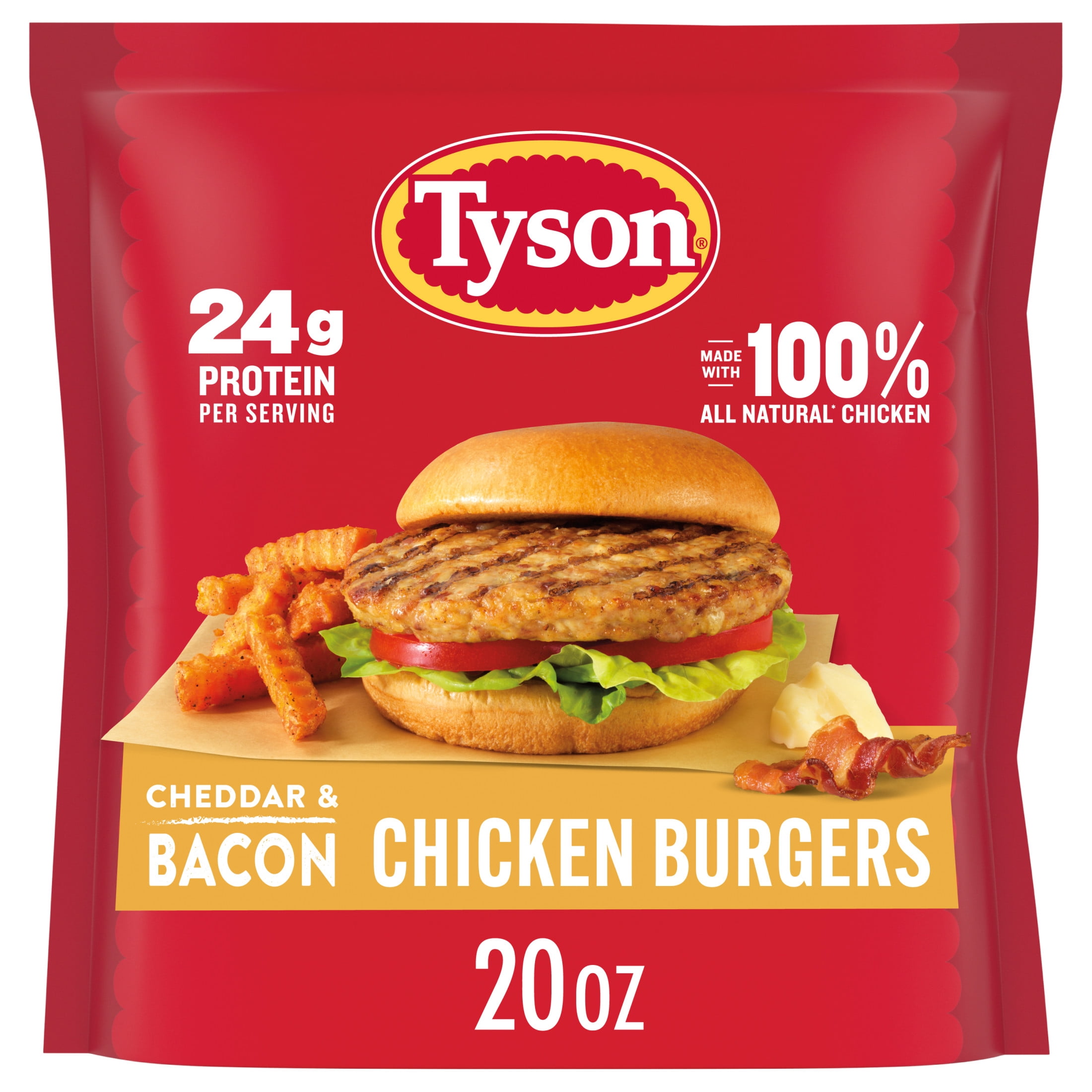 Tyson Cheddar & Bacon Chicken Burgers, 20 oz (Frozen, Fully Cooked ...
