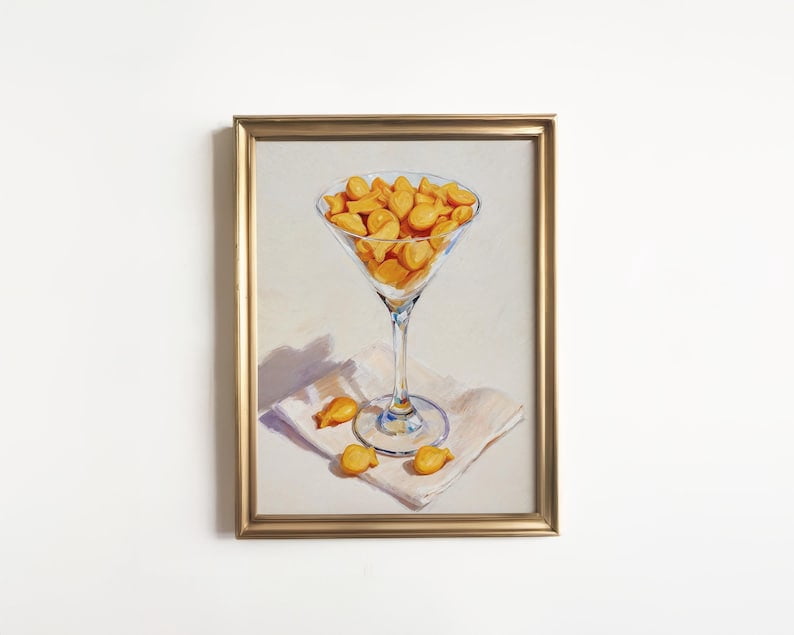 Cheddar Fish Crackers in a Martini Glass Art Print: Nostalgic Still ...