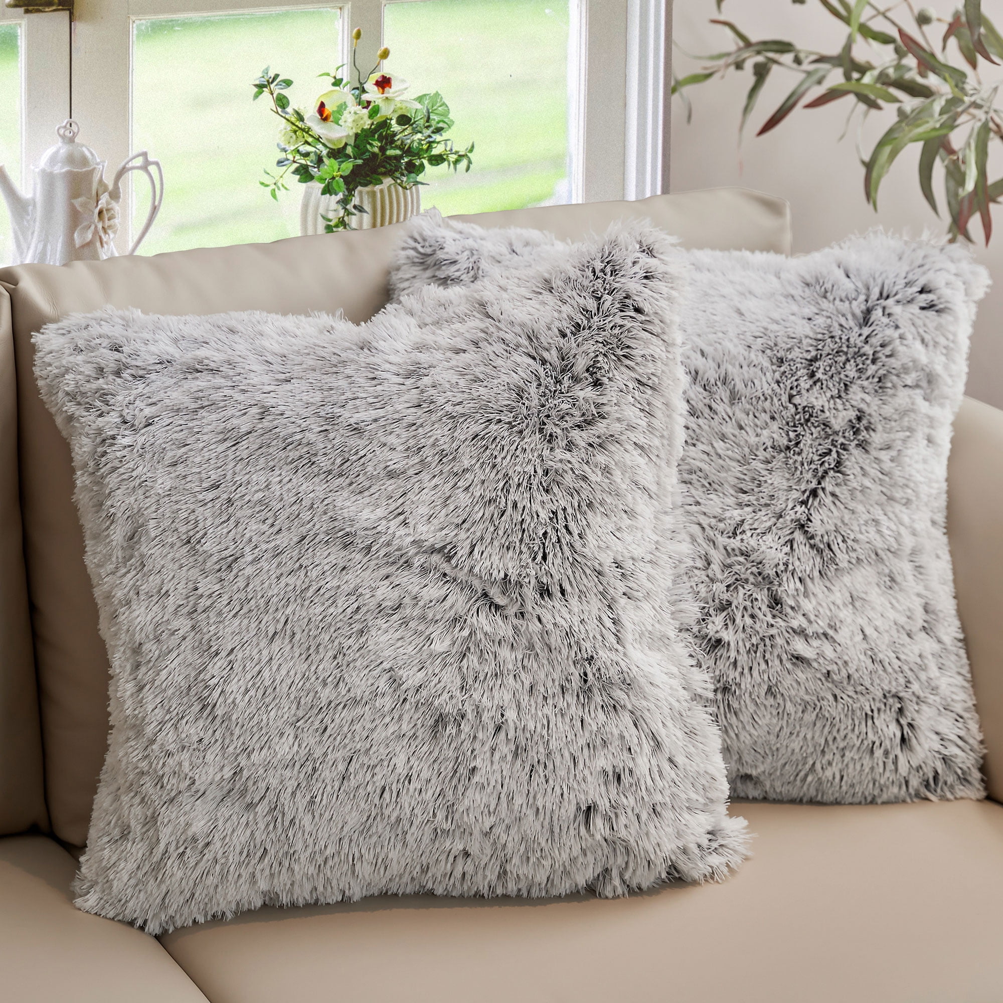 Cheer Collection Set of 2 Shaggy Long Hair Throw Pillows - Gray ...