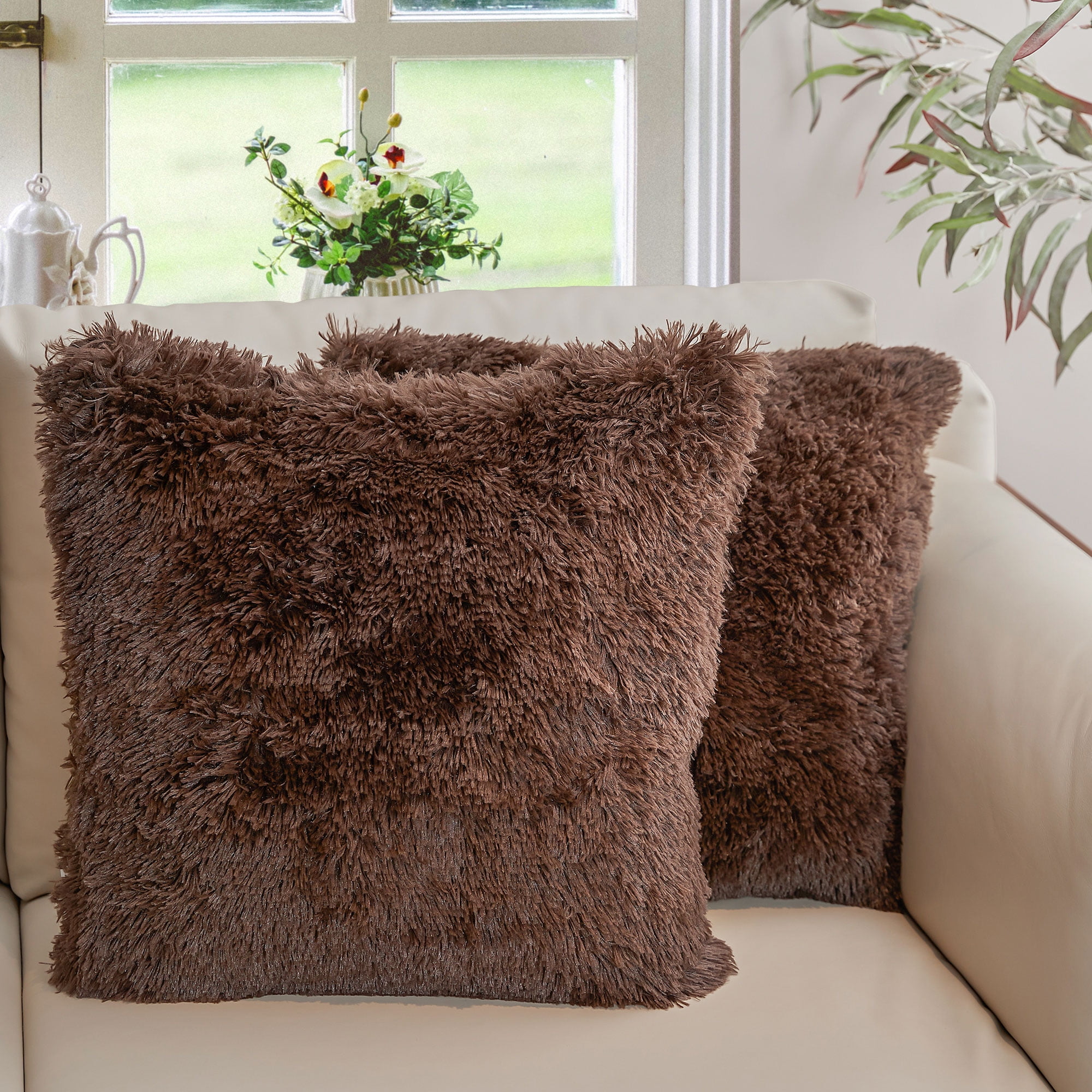 Cheer Collection Set of 2 Shaggy Long Hair Throw Pillows | Super Soft ...