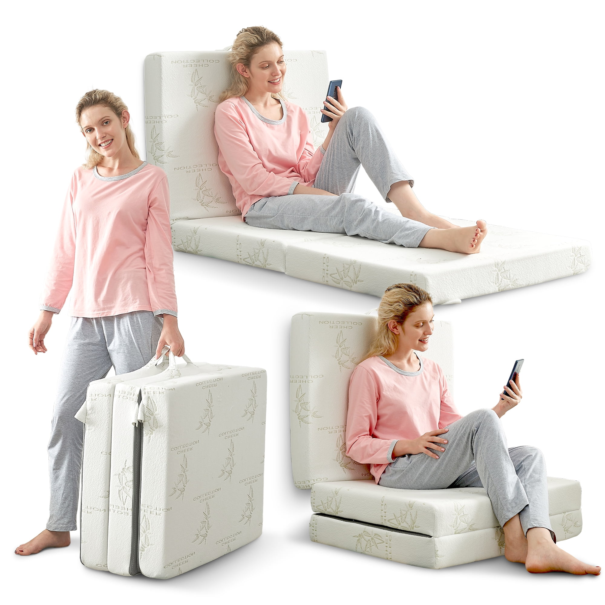 Cheer Collection Tri-Fold Futon Mattress for Guests with Soft Bamboo ...