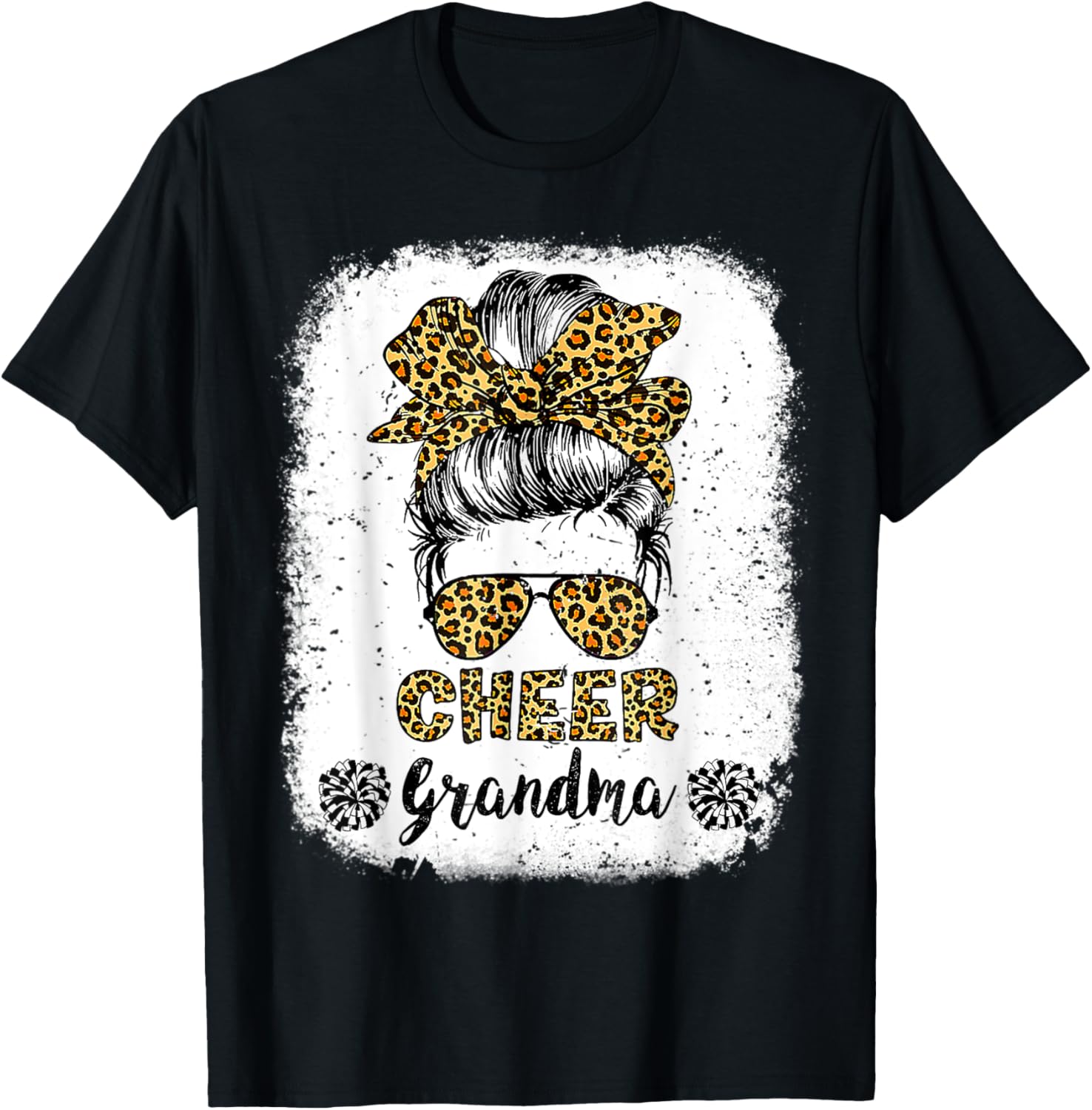 Cheer Grandma Leopard Messy Bun Cheerleader Bleached T-Shirt Casual ...