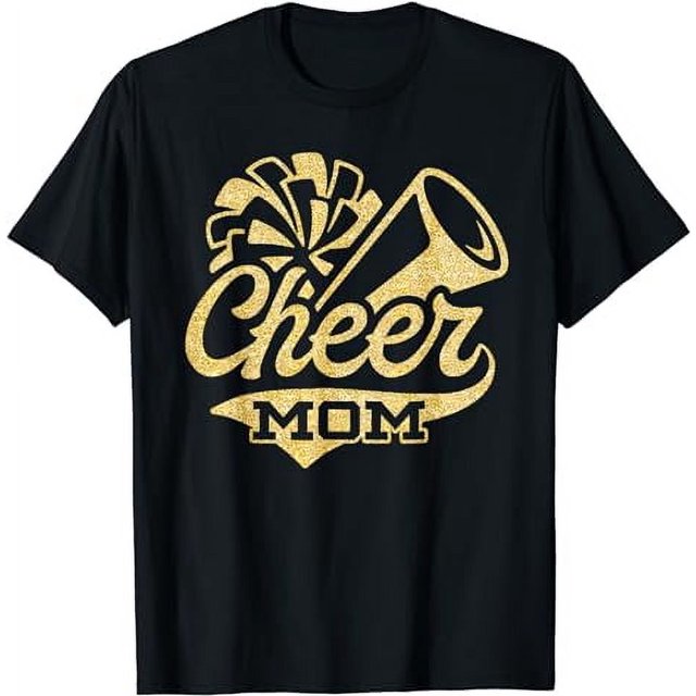Cheer Mom Biggest Fan Cheerleader Black Yellow Gold Pom Pom T-Shirt ...