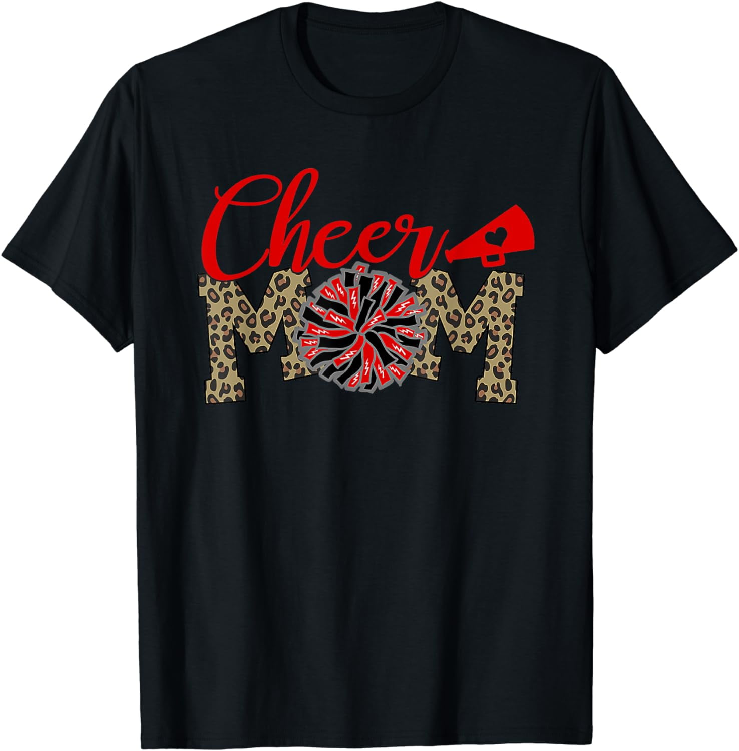 Cheer Mom Biggest Fan Leopard Print Black And Red Pom Pom T-Shirt ...