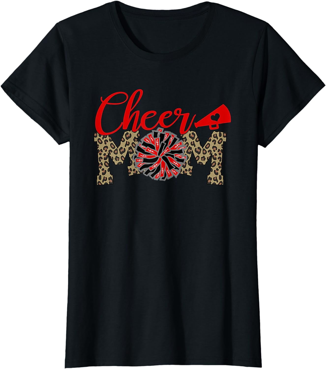Cheer Mom Biggest Fan Leopard Print Black And Red Pom Pom T-Shirt ...