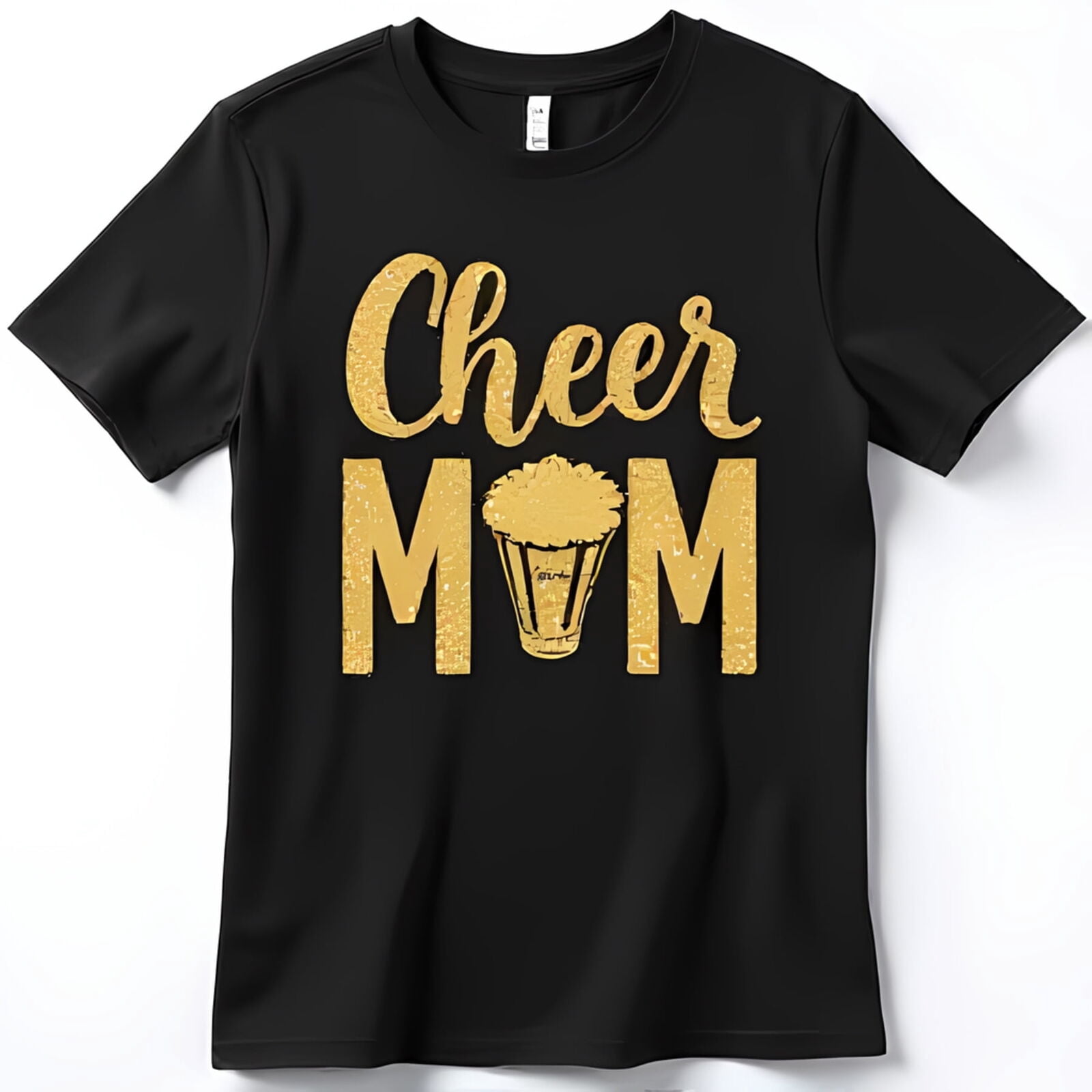 Cheer Mom Black T-Shirt with Gold Glitter Design & Popcorn Graphic ...
