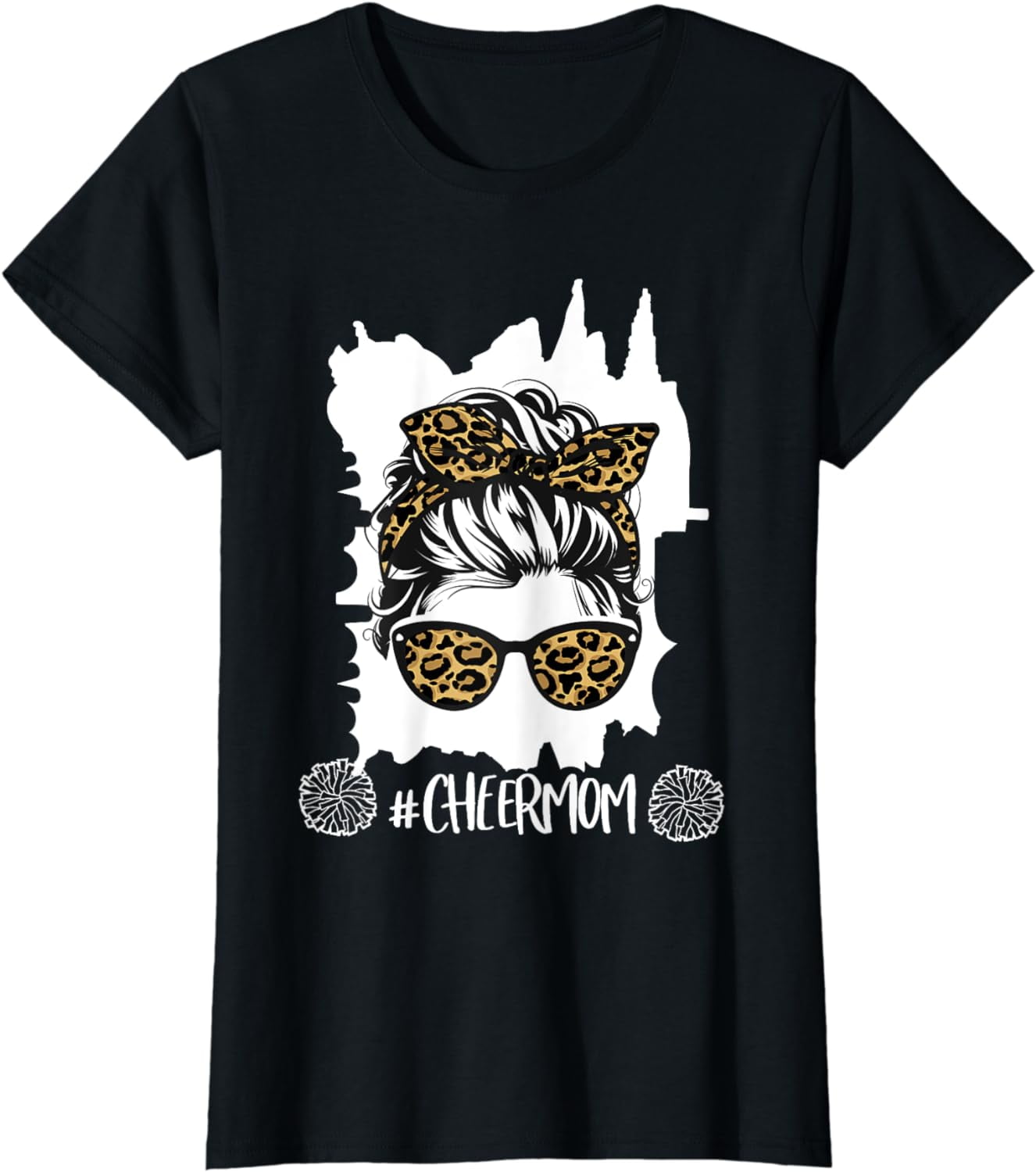 Cheer Mom Cheerleading Mom Leopard Cheetah Messy Bun Cheer T-Shirt ...