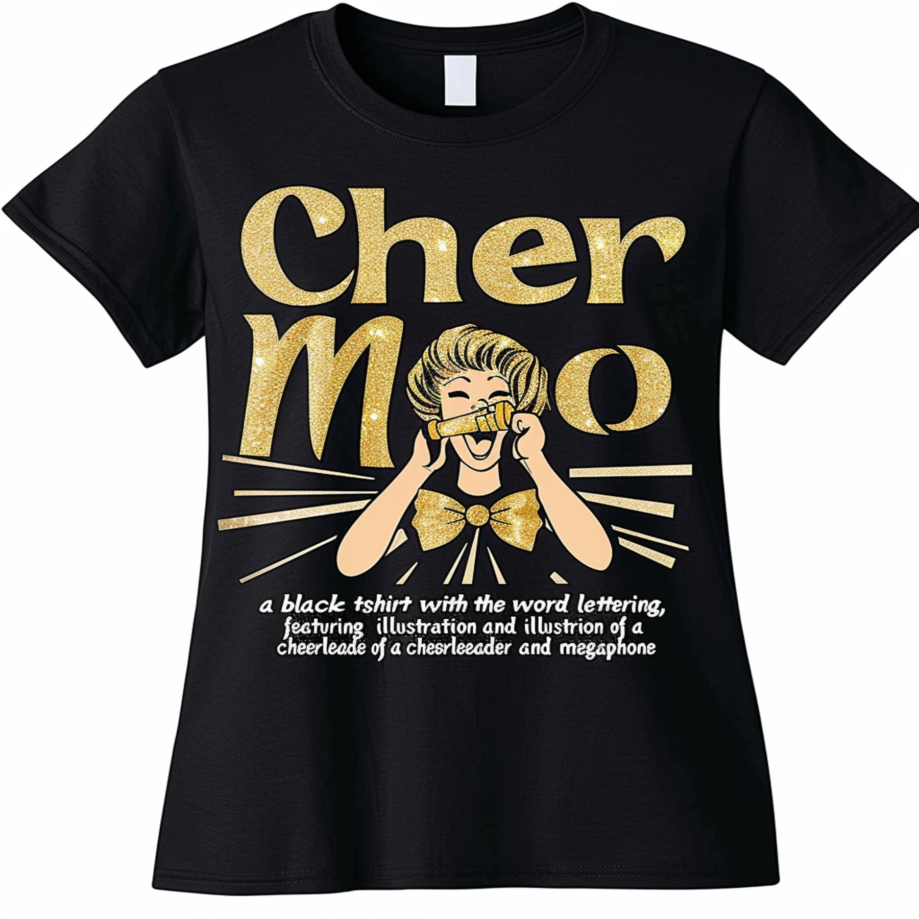 Cheer Mom Glitter Gold Lettering Black Tee with Cheerleader & Megaphone ...