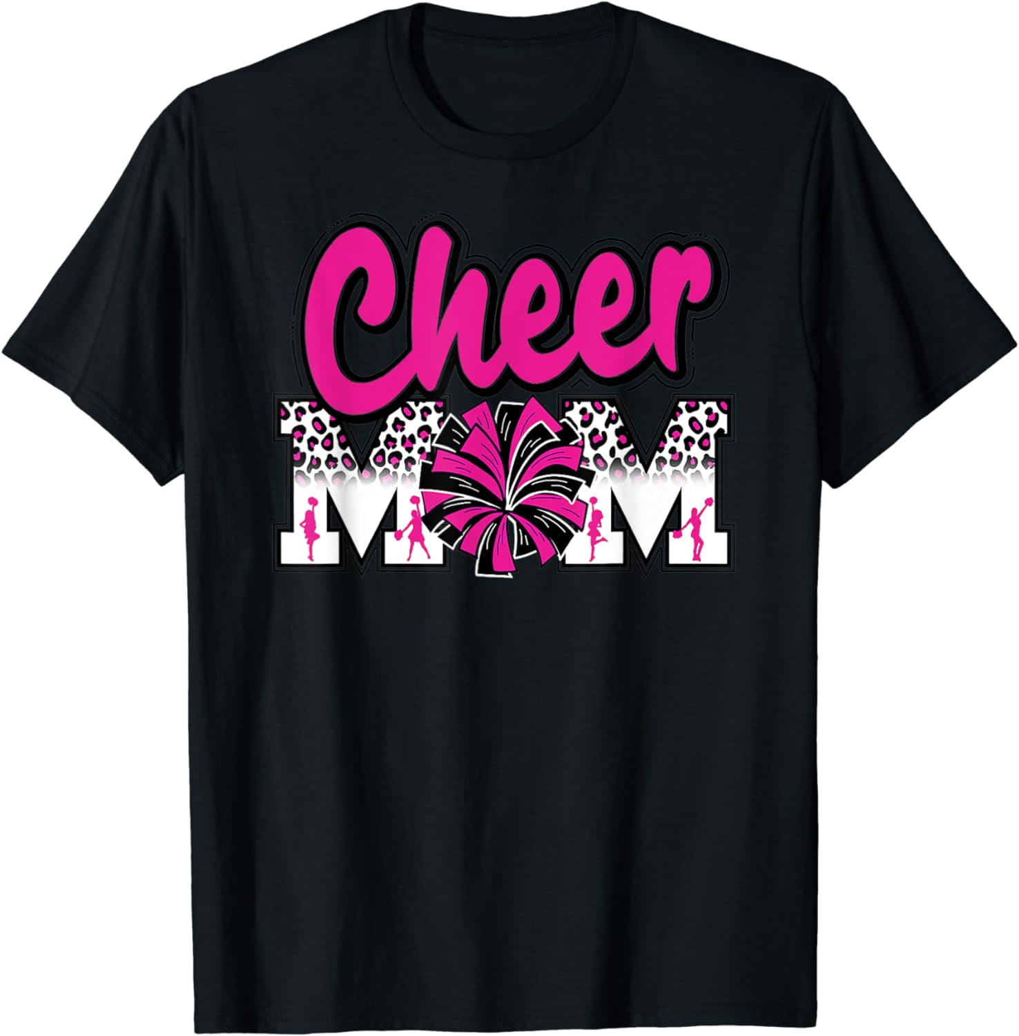 Cheer Mom Hot Pink Black Leopard Letters Cheer Pom Poms T-Shirt ...