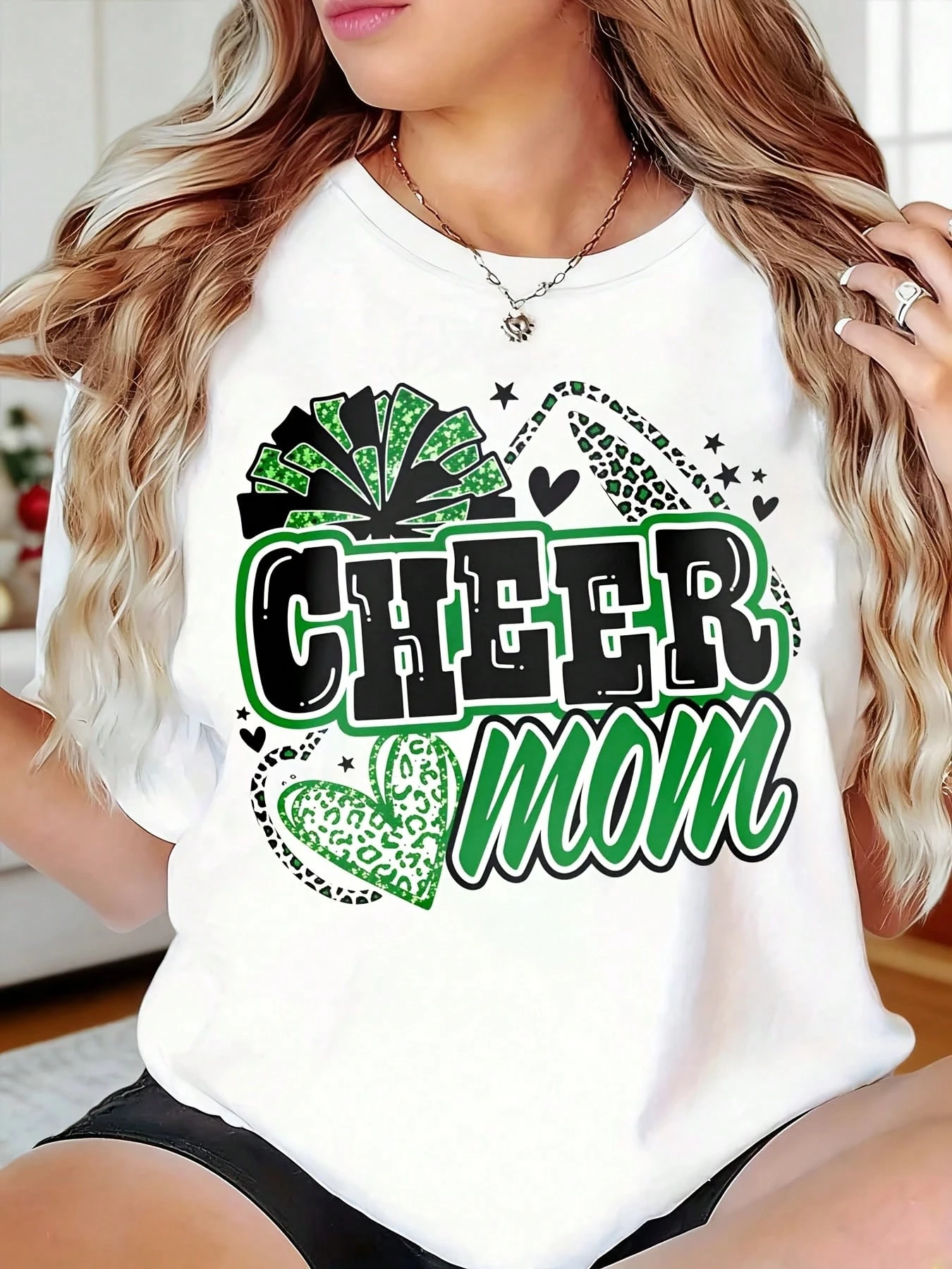 Cheer Mom T Shirt White Green Leopard Print Cheerleader Pom Pom And ...