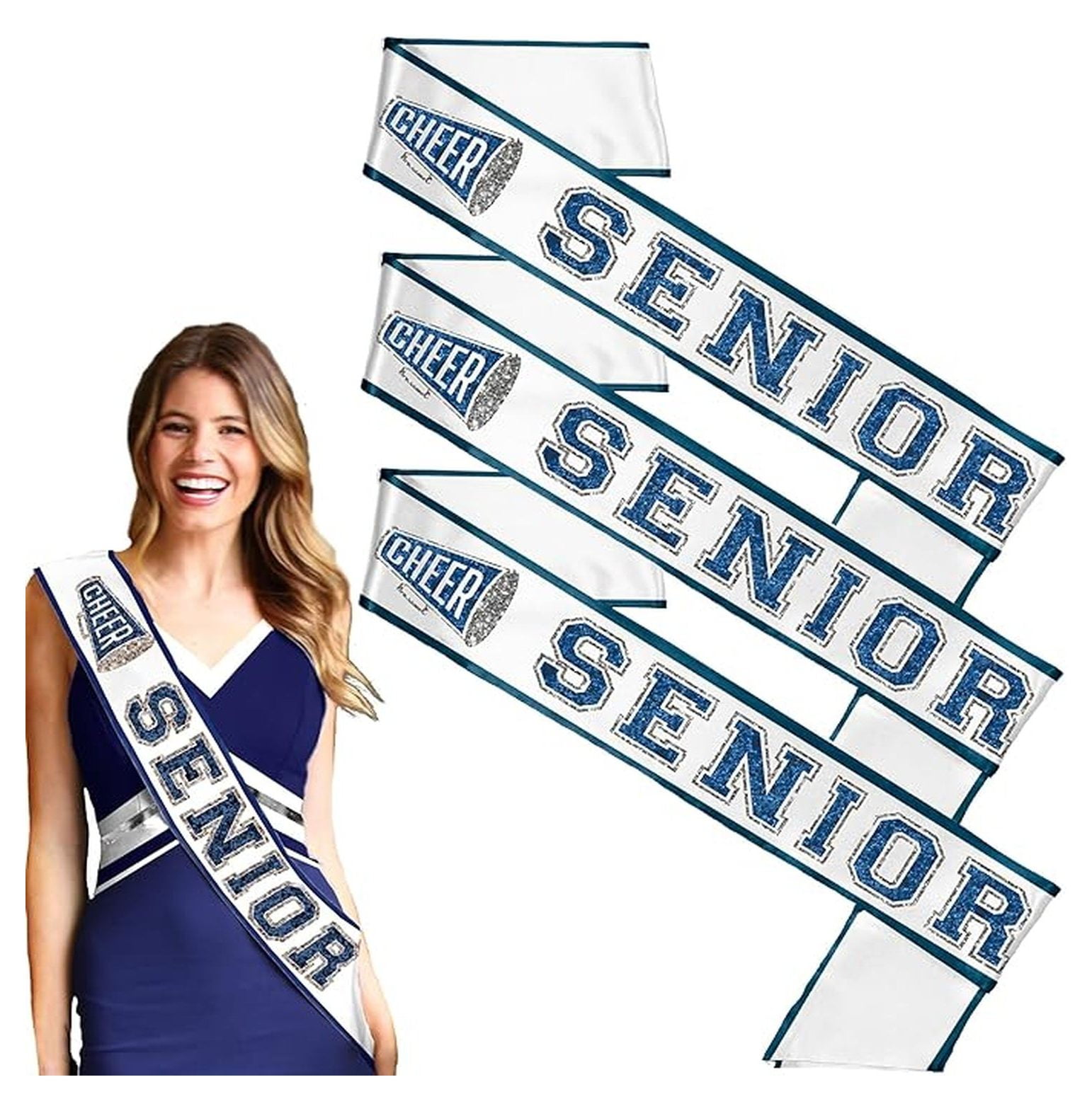 Cheer Senior Sashes - Set of 3: Ribbon Edge Navy with Silver Outline ...