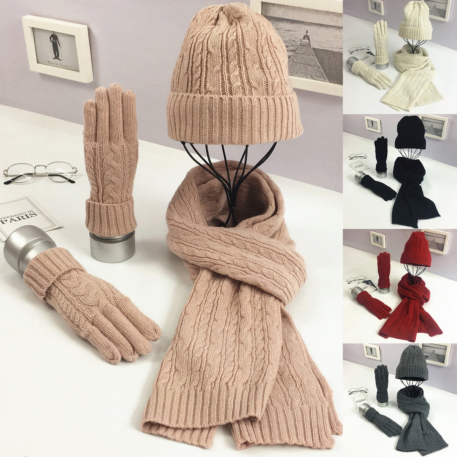 Cheer.US 3Pcs/Set Winter Warm Knitted Scarf Beanie Hat and Gloves Set ...
