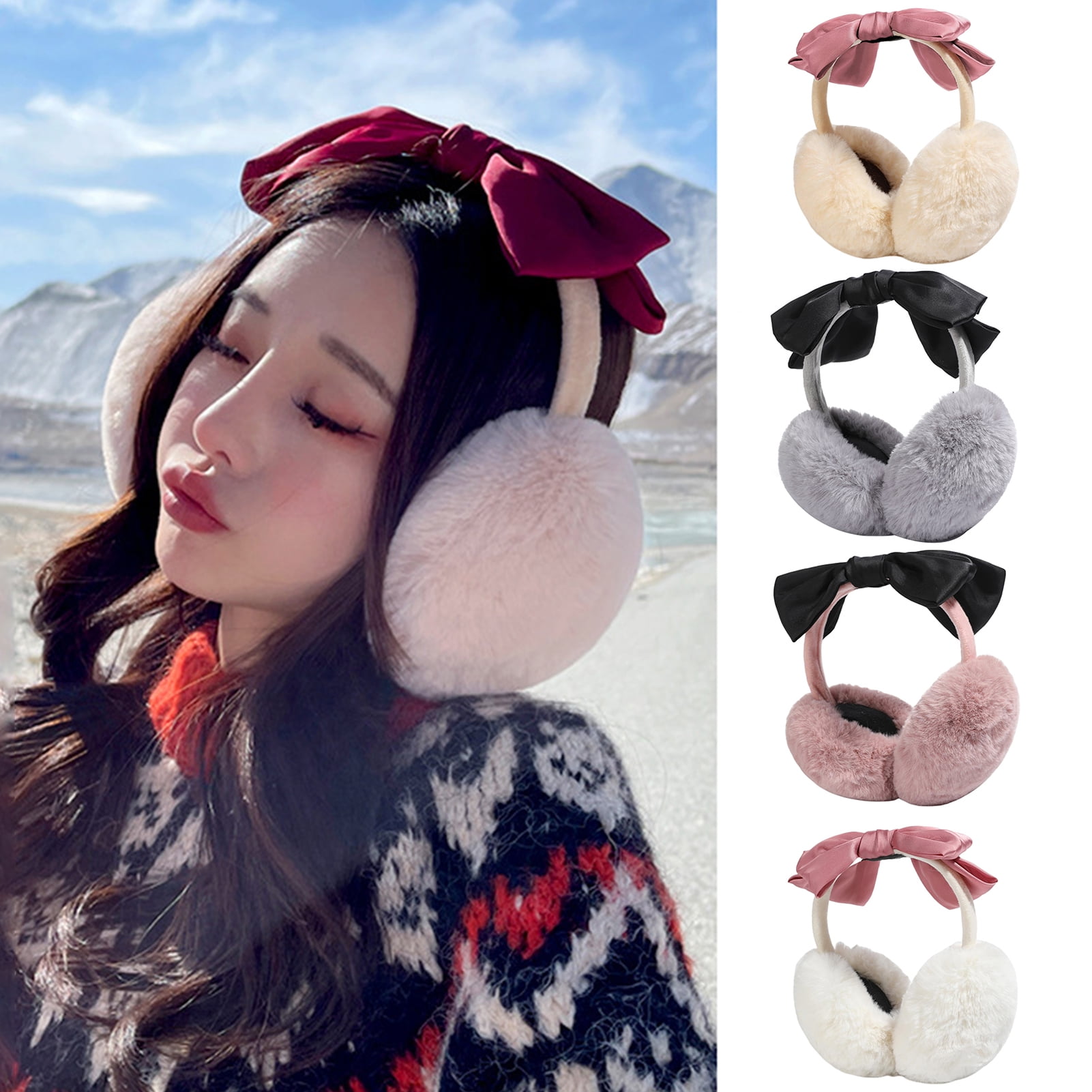 Women Winter Earmuffs with Bowknot Girl Ski Adjustable Ear Covers for ...