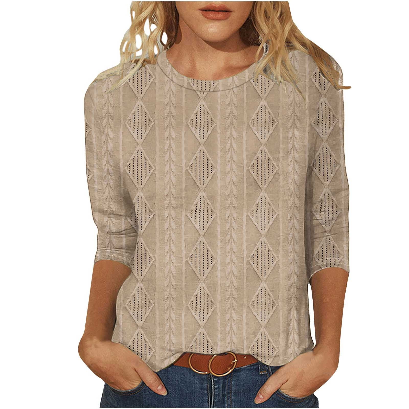 CheerKidz Casual Round Neck Blouse Women's Solid Color 3/4 Sleeve T ...