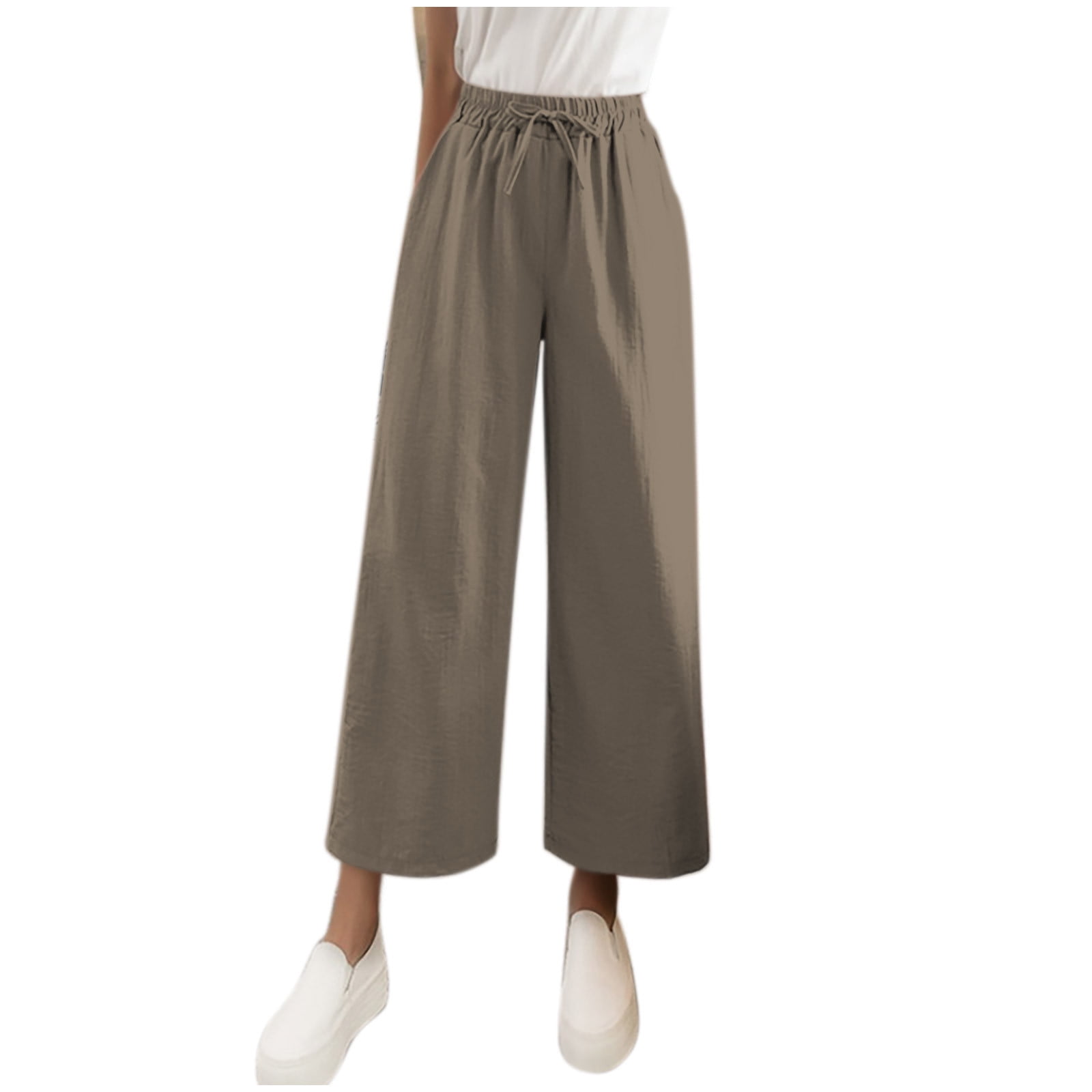 CheerKidz Clearance Capri Pants for Women Spring Summer Casual Solid Color Linen Pants Loose Fit ...