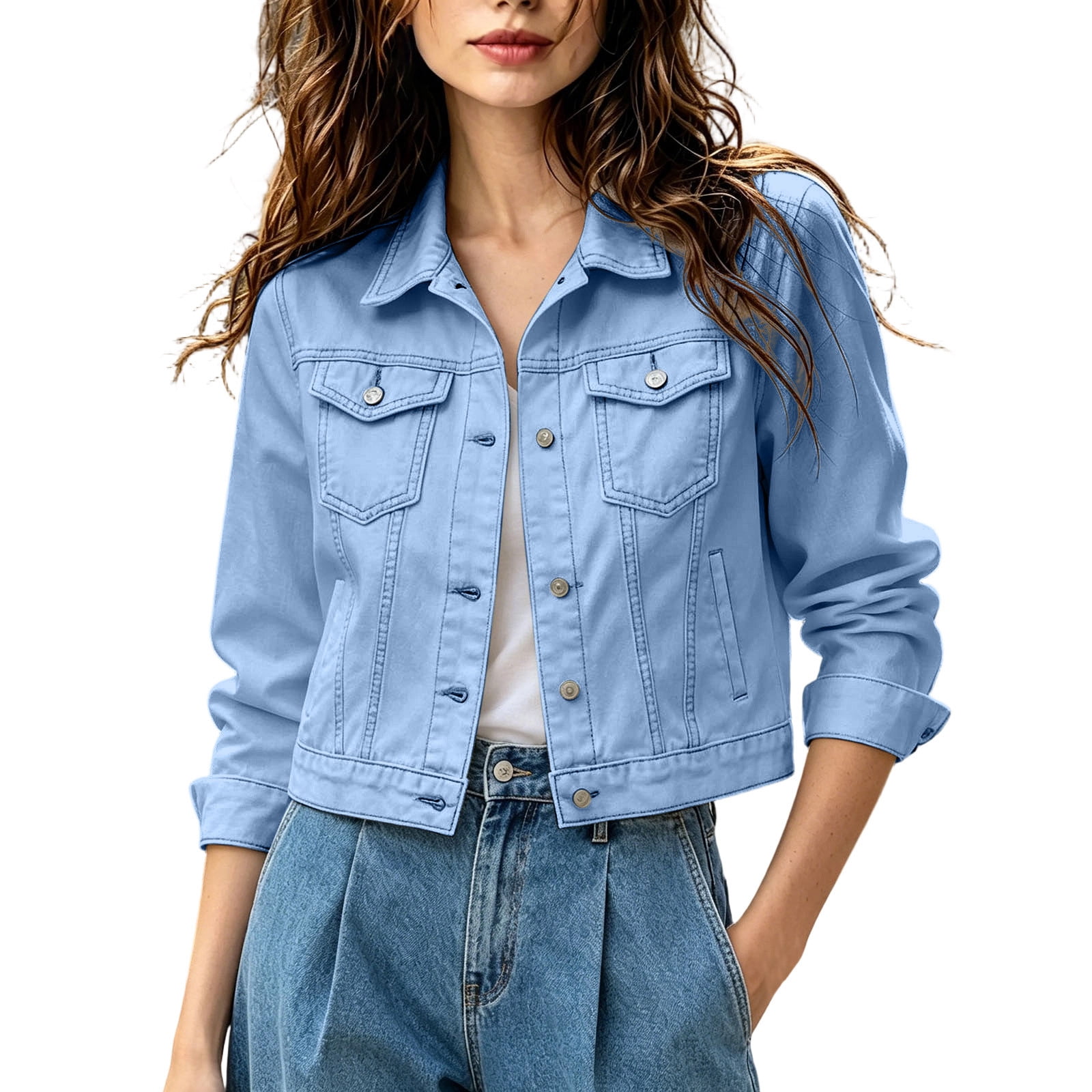 CheerKidz Cropped Denim Jacket for Women, Button Front Classic Collar ...