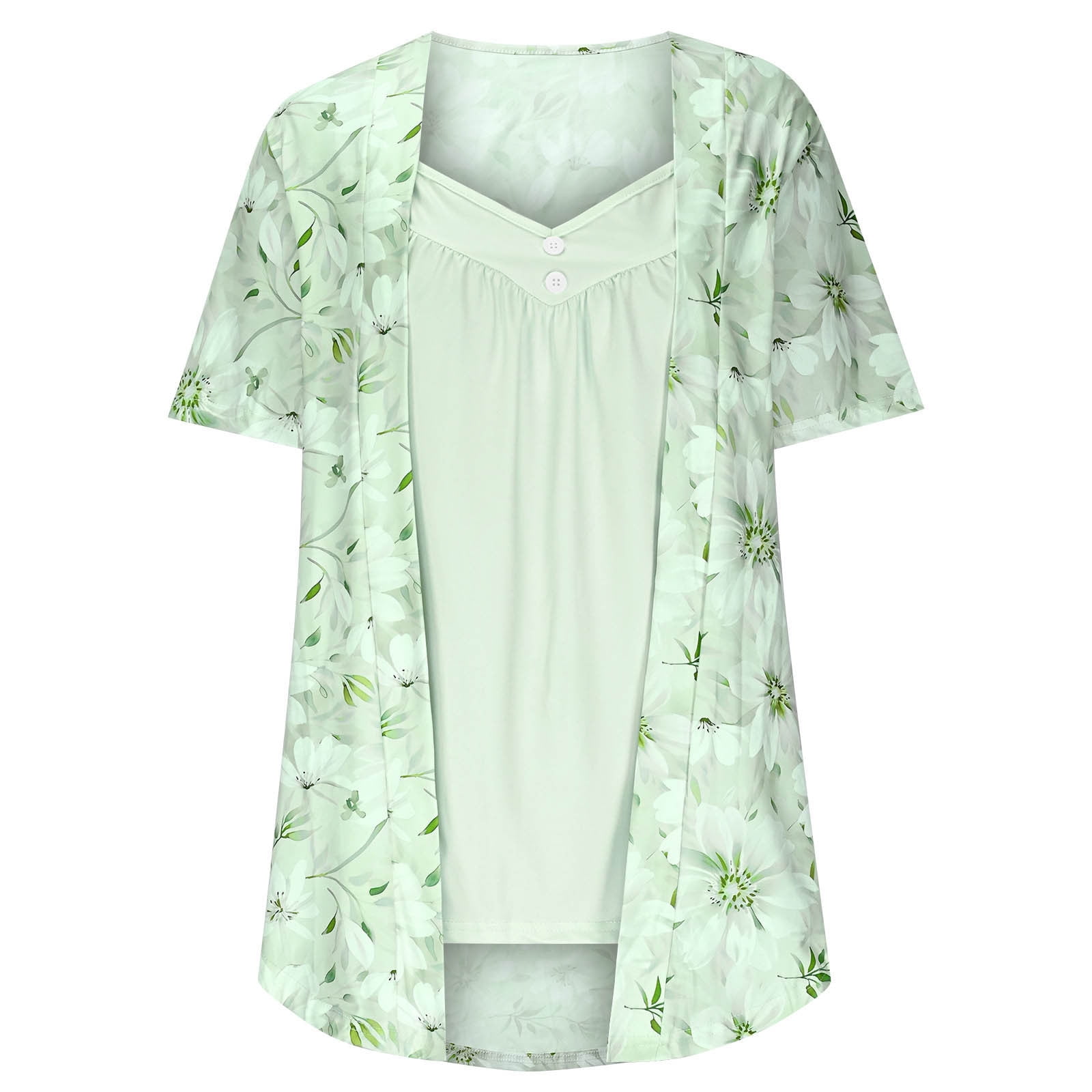 CheerKidz Ladies' Loose Printed V-Neck Fake Two-Piece Short Sleeve Tops ...
