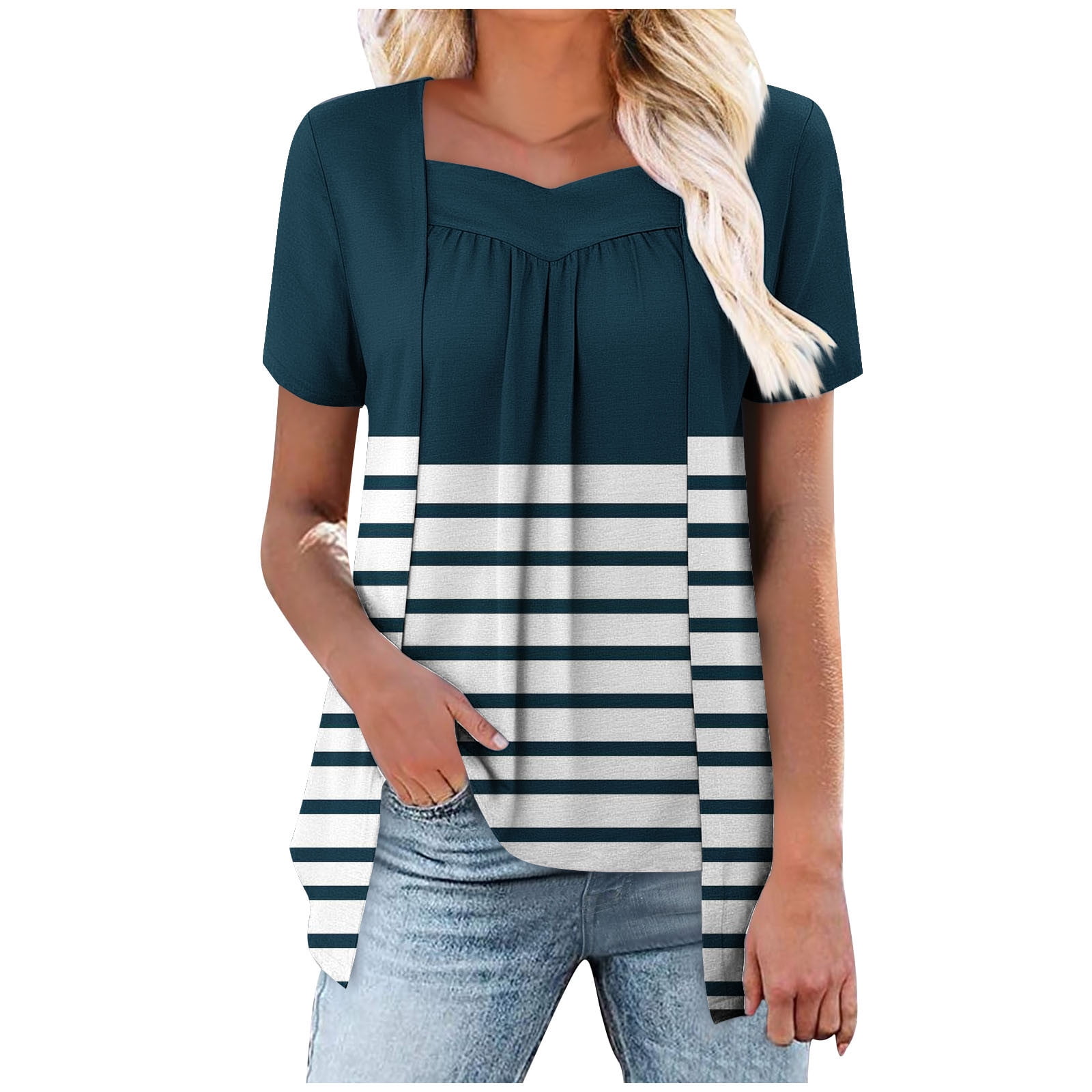 CheerKidz Ladies' Loose Printed V-Neck Fake Two-Piece Short Sleeve Tops ...
