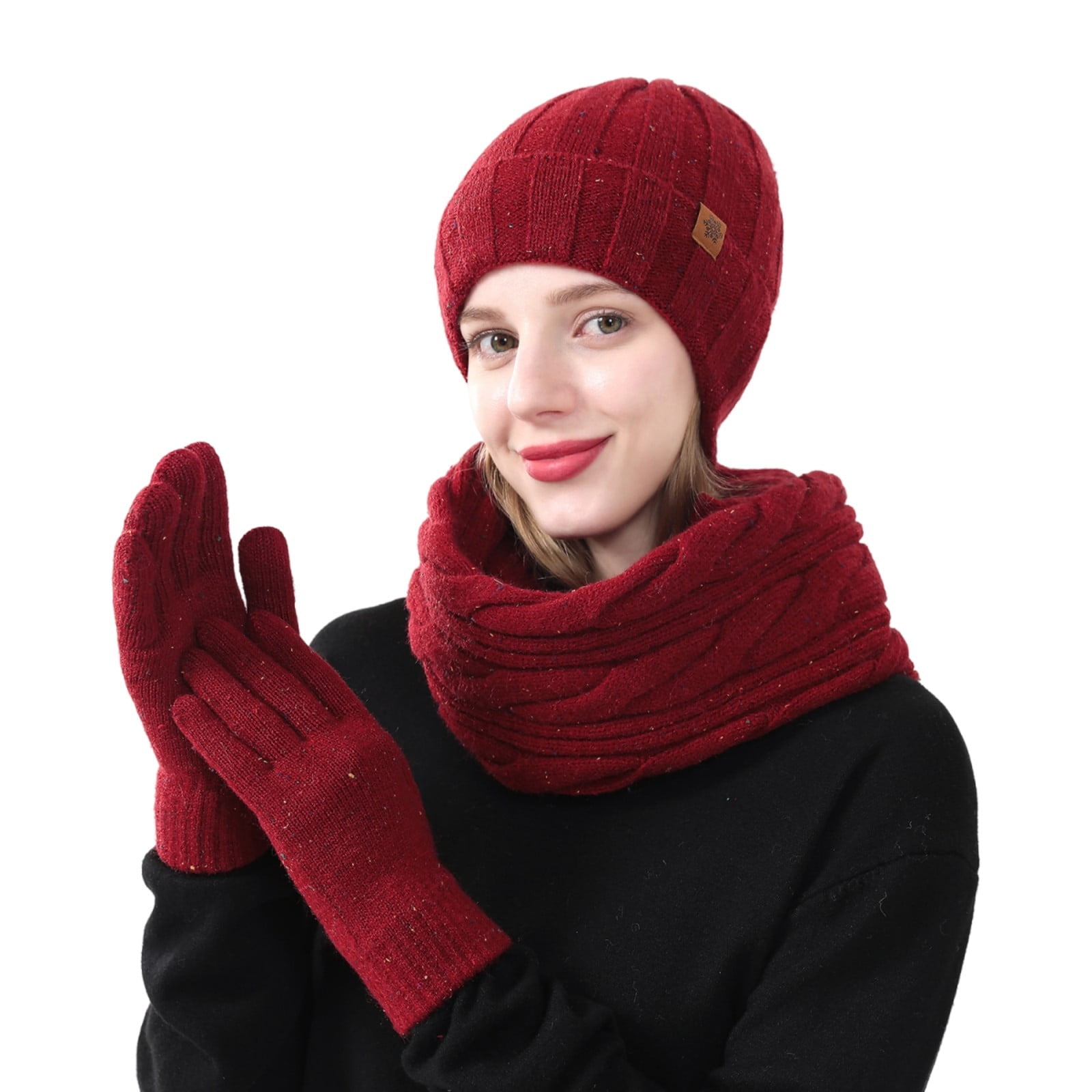 CheerKidz Woman Winter Double Layer Fleece Lined Knit Hat Scarf Gloves ...
