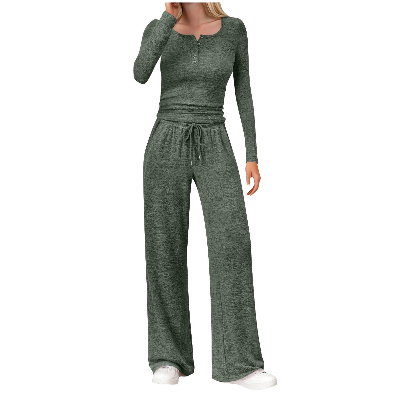 CheerKidz Women 2 Piece Outfit Casual Long Sleeve Blouse and Elastic Waist Pants Set Solid Round ...