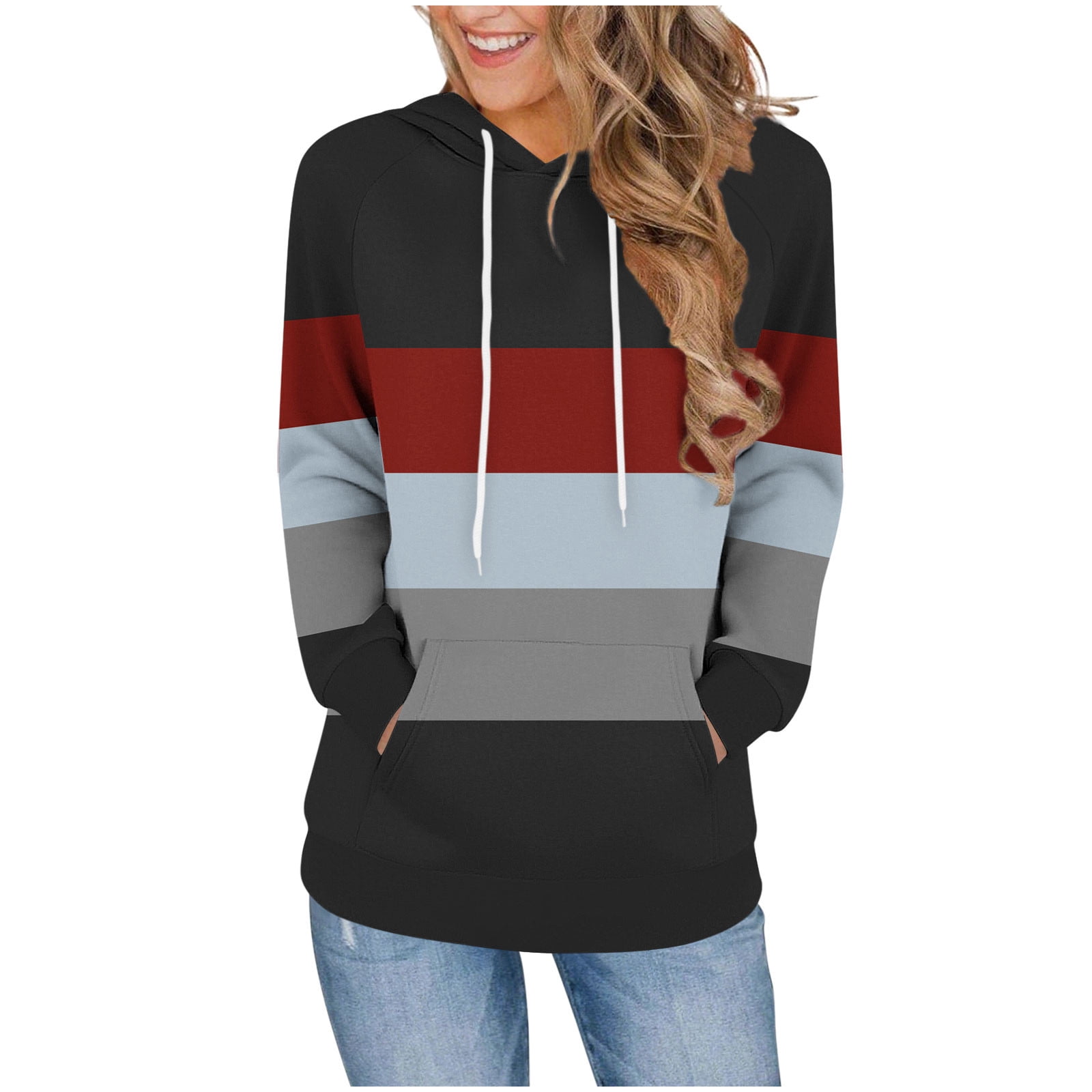 CheerKidz Women Color Blocked Loose Casual Long Sleeve Pocket Hooded ...