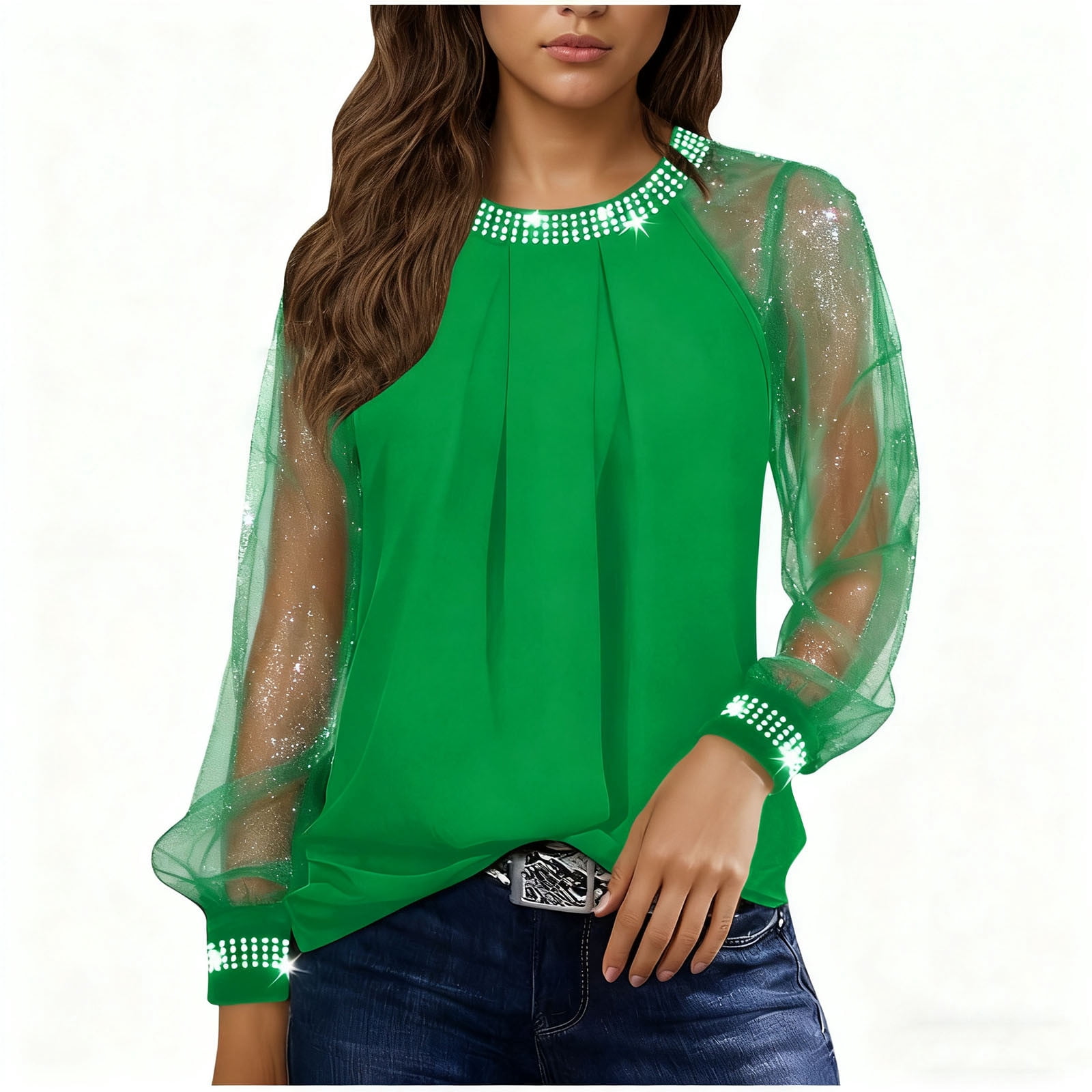 CheerKidz Women Crew Neck Sheer Sequin Mesh Long Sleeve Blouse Pleated ...