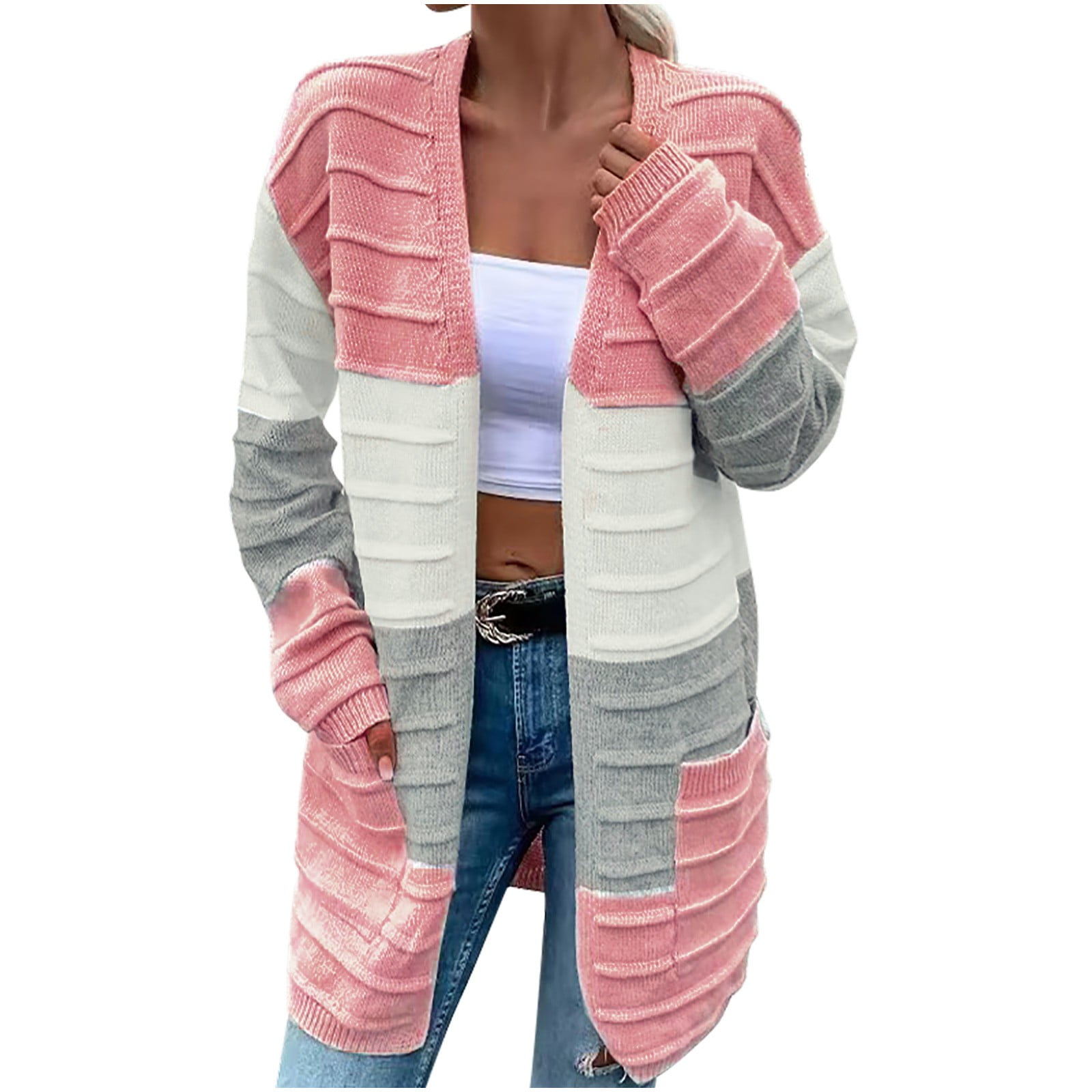CheerKidz Women Large Pocket Long Striped Color Blocked Cardigan ...