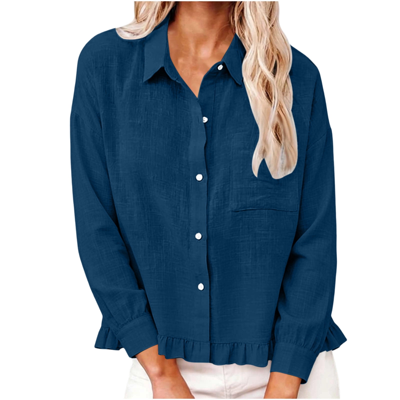 CheerKidz Women Long Sleeve Button Down Shirt Collar Neck Flax Texture ...