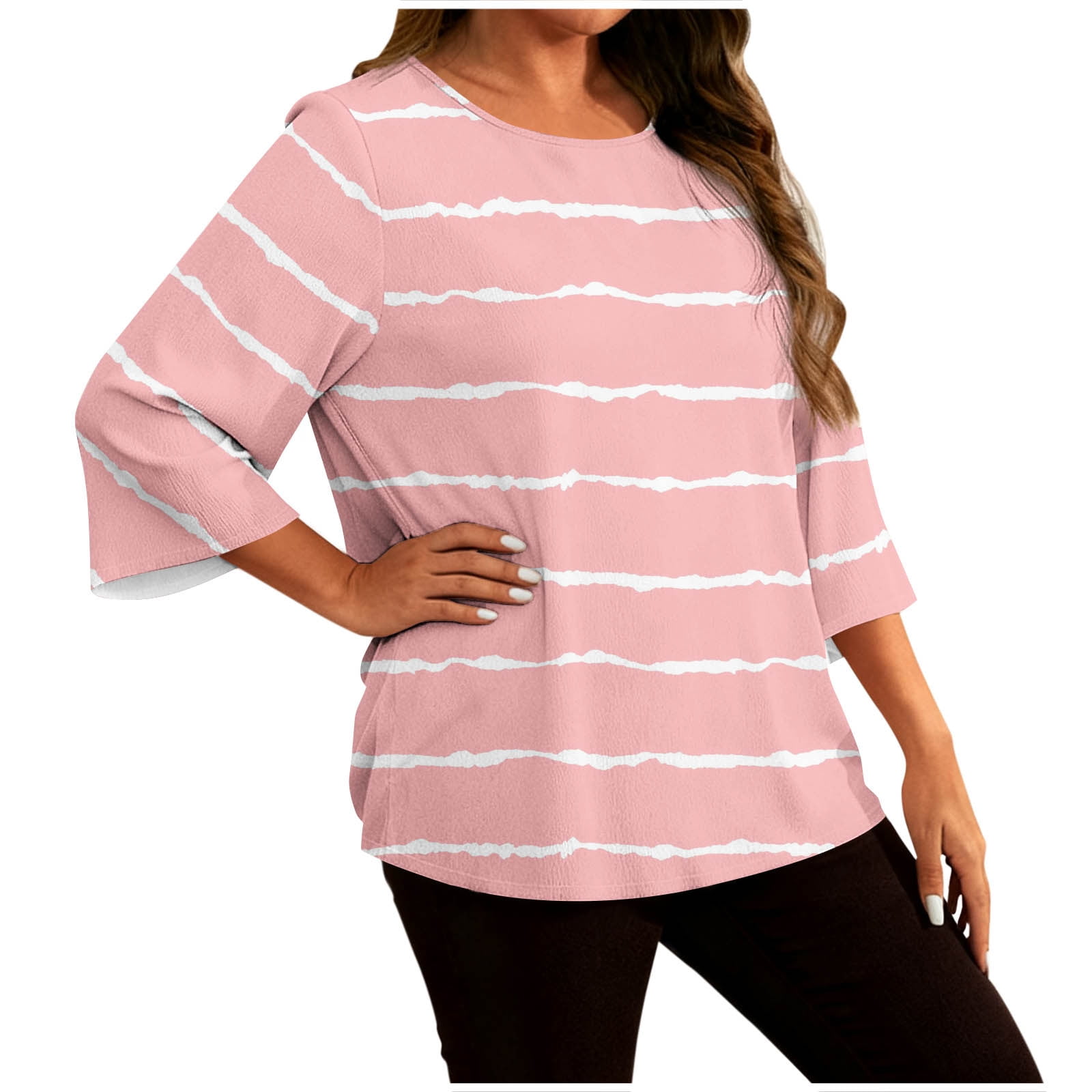 CheerKidz Women Plus Size Print Casual 34 Sleeve Round Neck Top ...