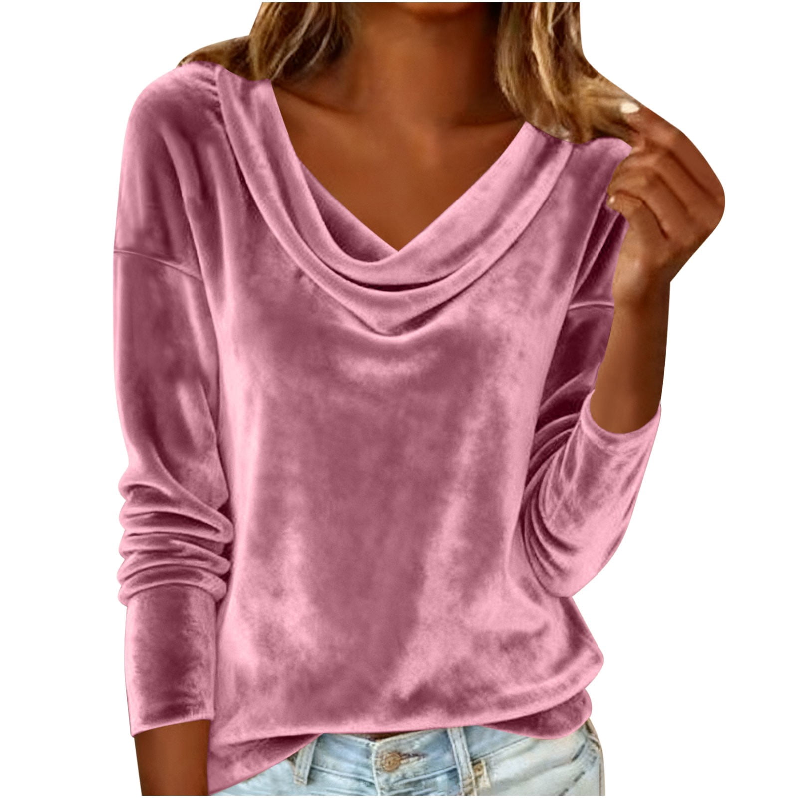 CheerKidz Women Solid Color Elegant Velvet Long Sleeve Draped Neck ...