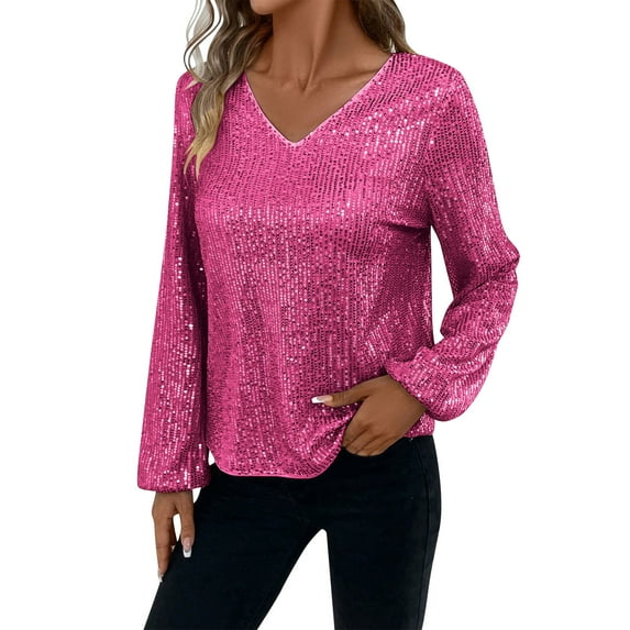 CheerKidz Women Solid Color Sequin Long Sleeve Bell Sleeve V Neck ...