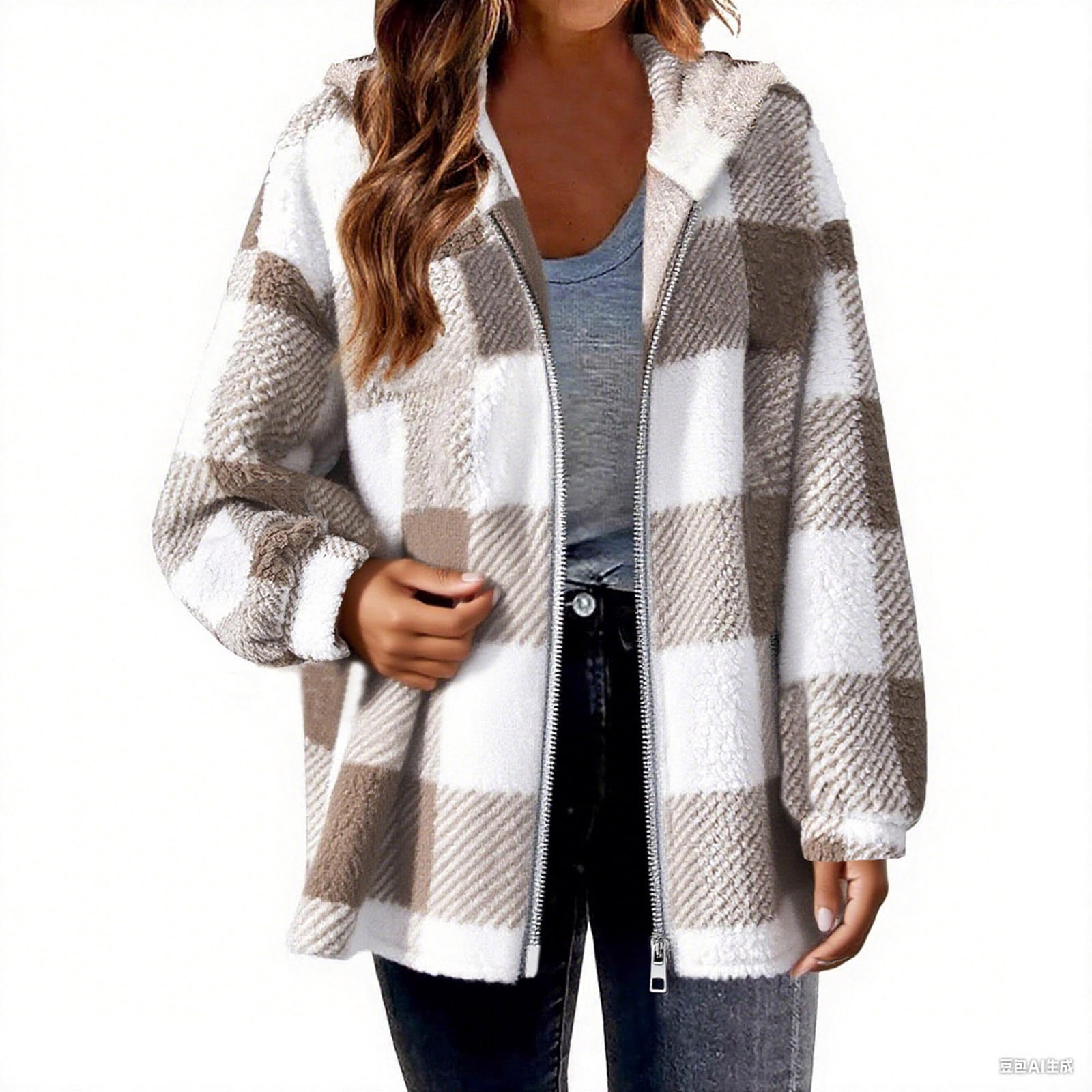 CheerKidz Women Winter Long Sleeve Plaid Hooded Coat Casual Warm Zipper ...