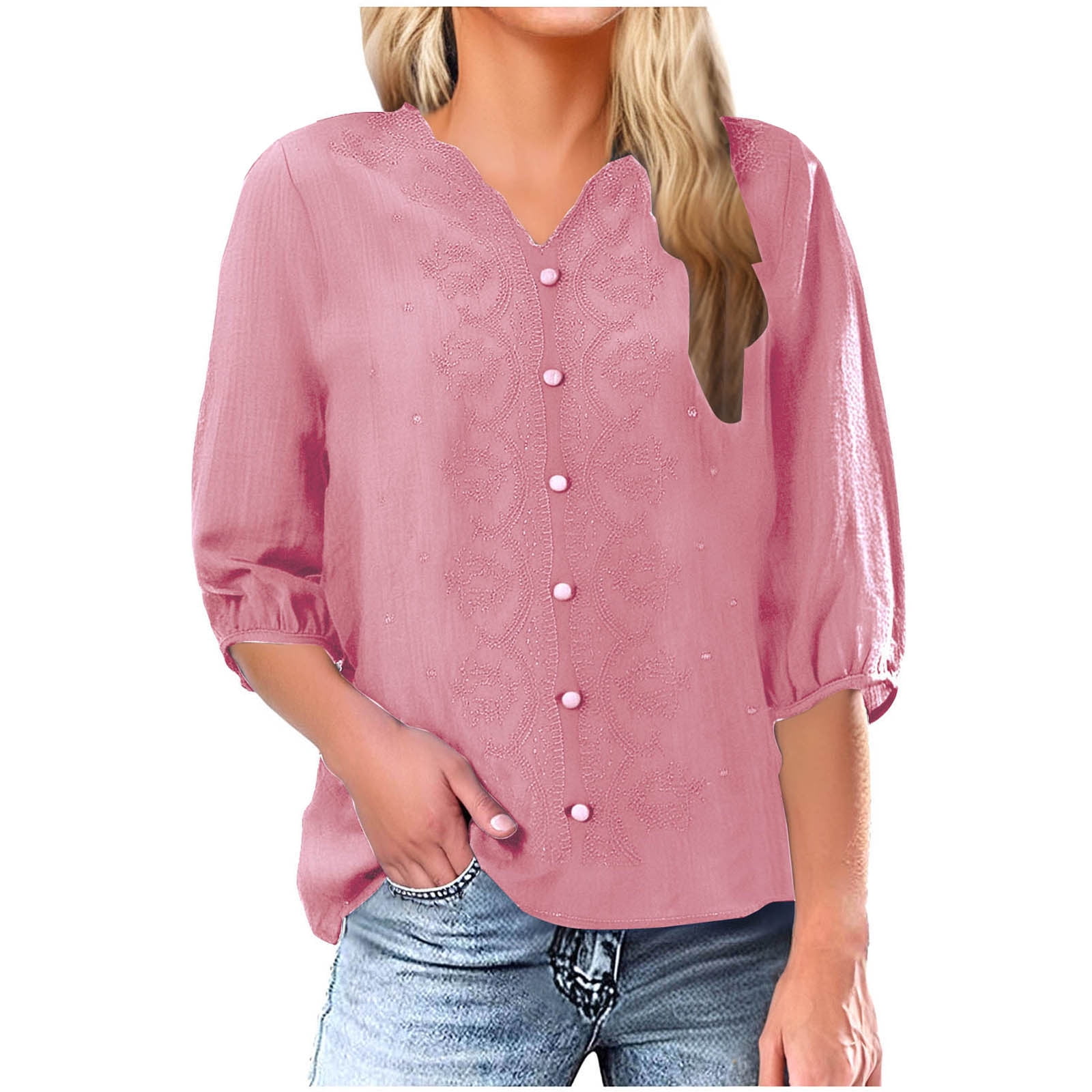 CheerKidz Women's Summer V Neck Short Sleeve Linen Solid Color T ...