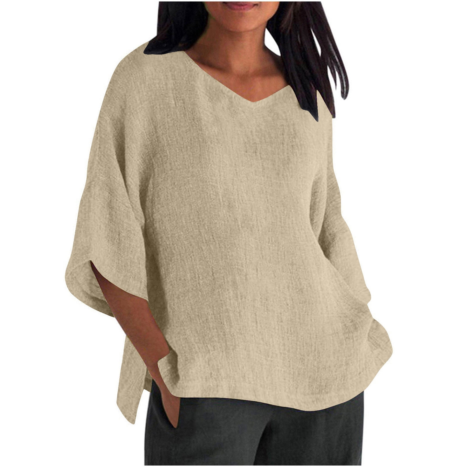CheerKidz Women's Casual 3/4 Sleeve Round Neck Blouse Summer Linen ...