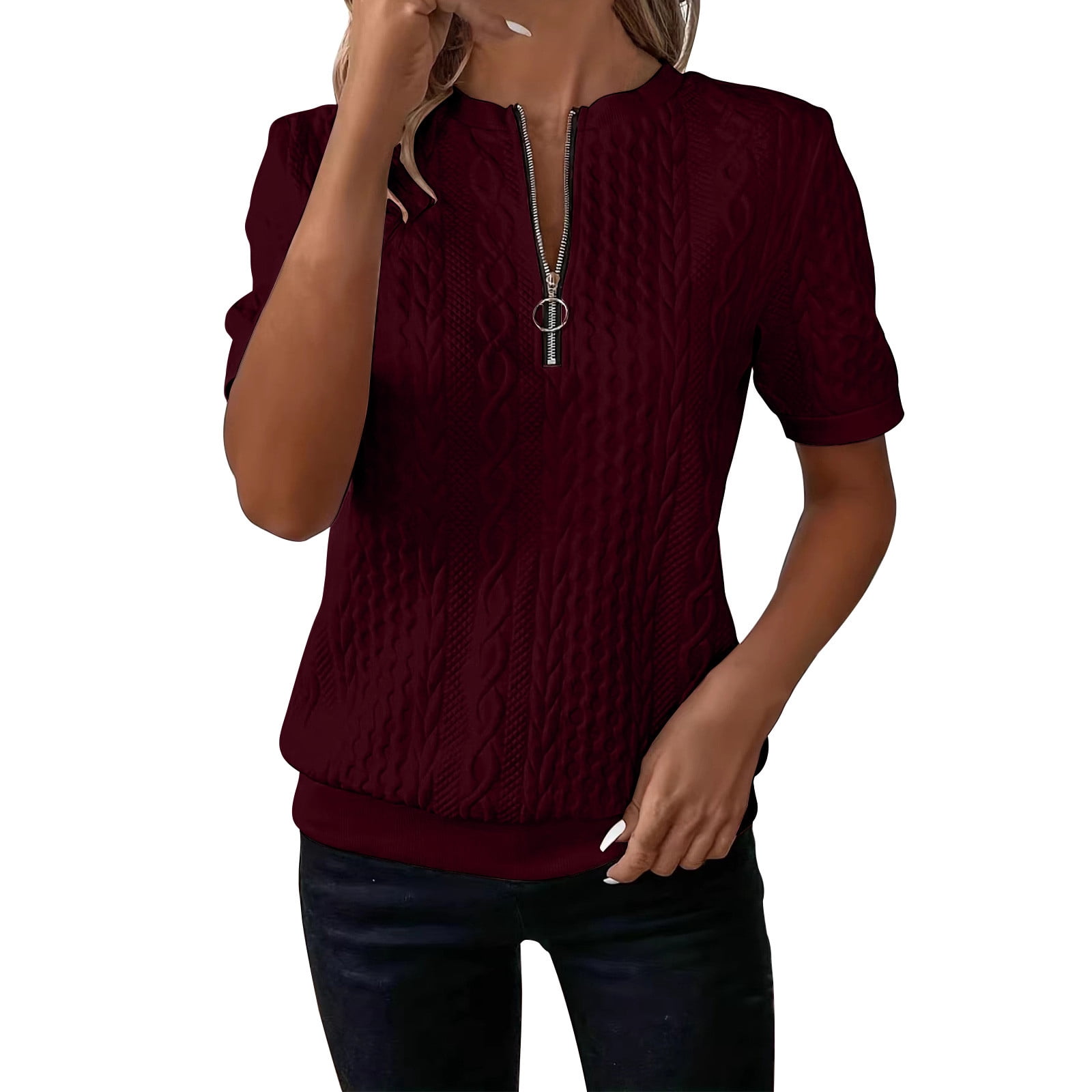 CheerKidz Women's Casual, Quarter Zip, Pullover, Short Sleeve, Cable ...