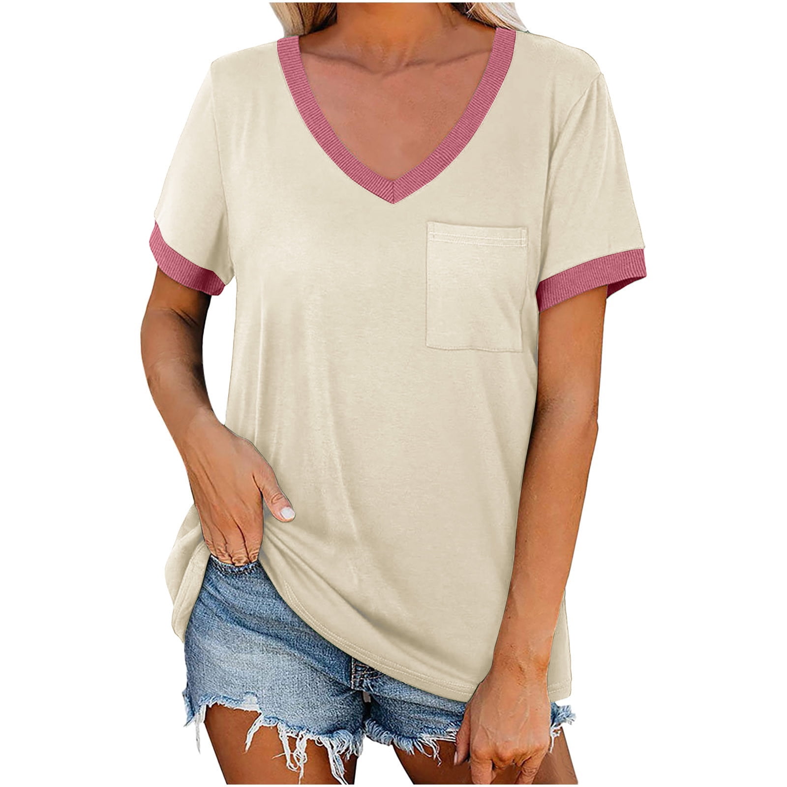 CheerKidz Women's Casual V-Neck Short Sleeve Patchwork Tops Solid Color ...