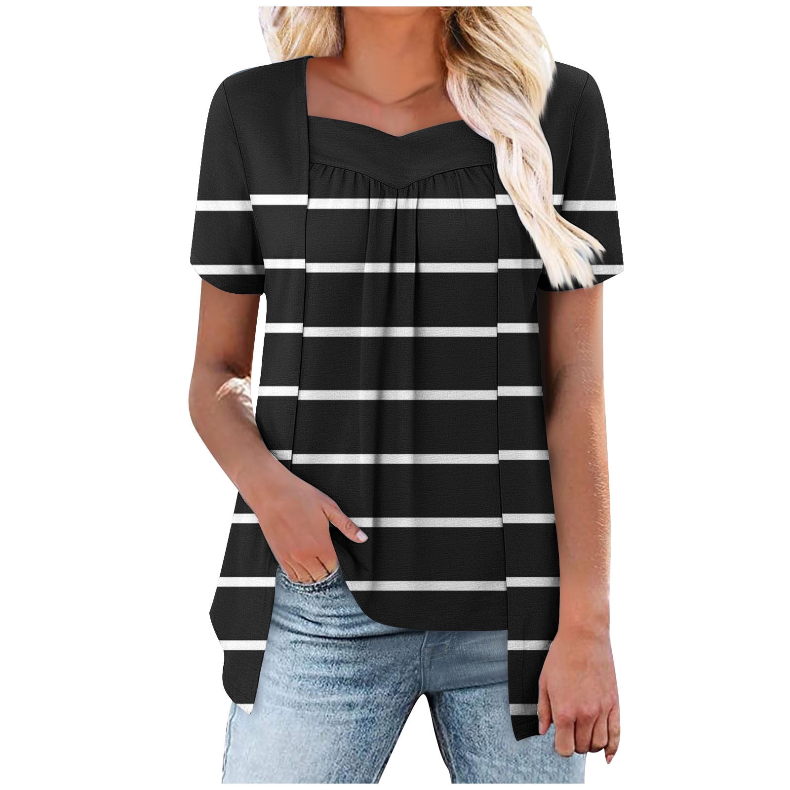 CheerKidz Women's Fake Two Piece Short Sleeve Round Neck Blouse Printed ...